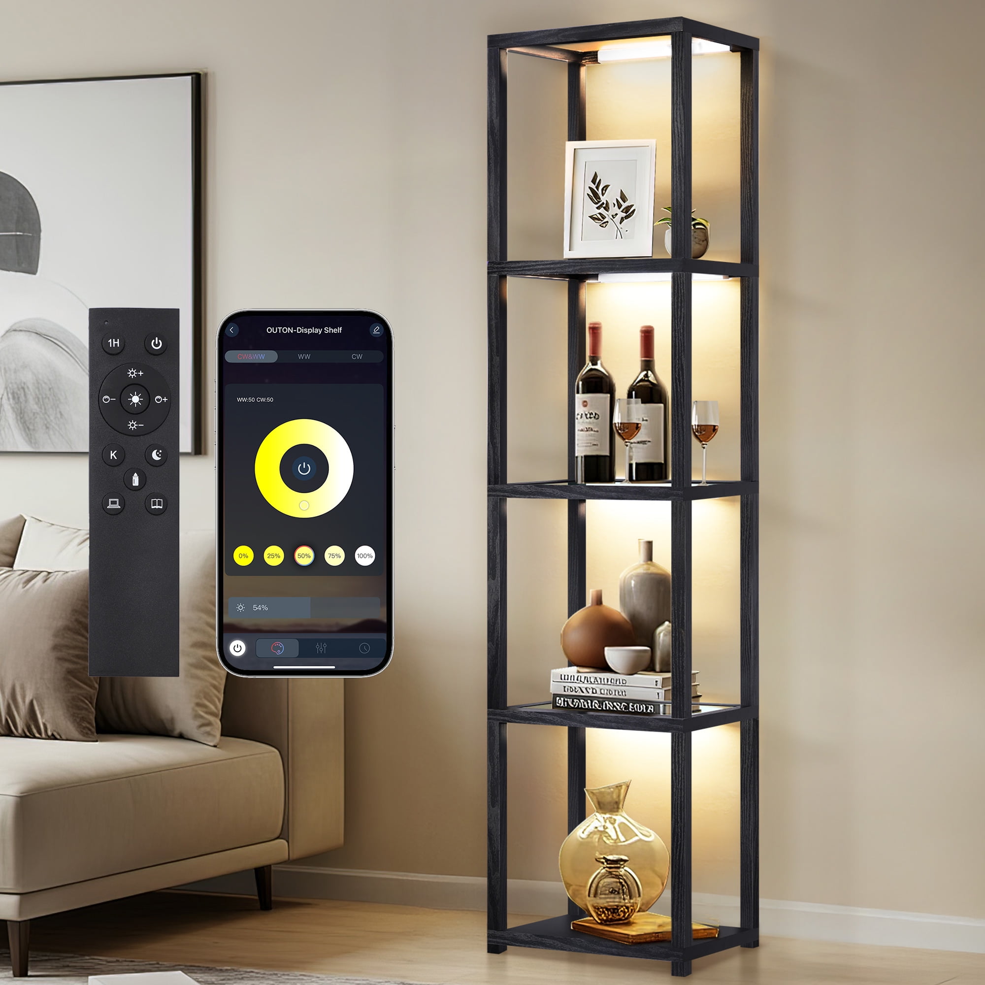 OUTON LED Corner Floor Lamp with Shelves, Standing Lamp with Remote ...