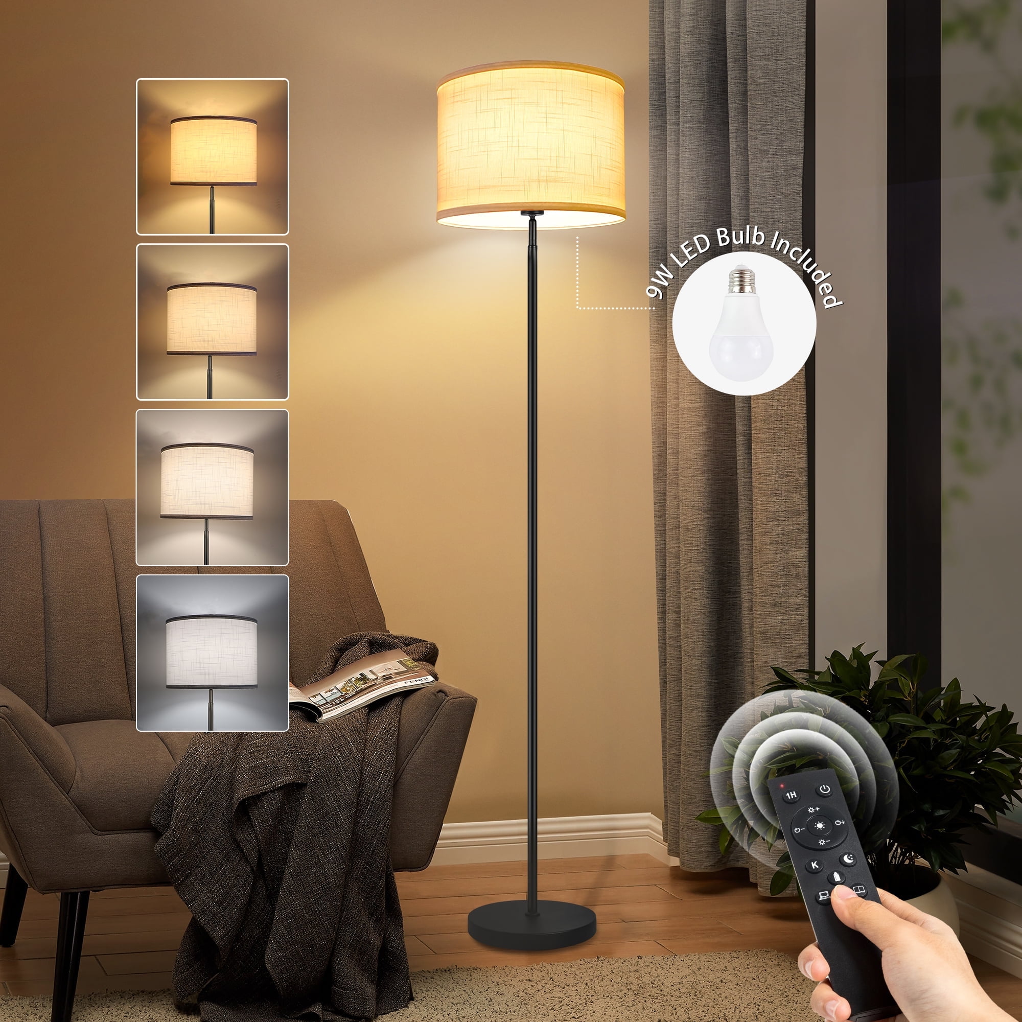 Outon 63" Modern Floor Lamp, Linen Shade, Dimmable LED, Remote Control ...