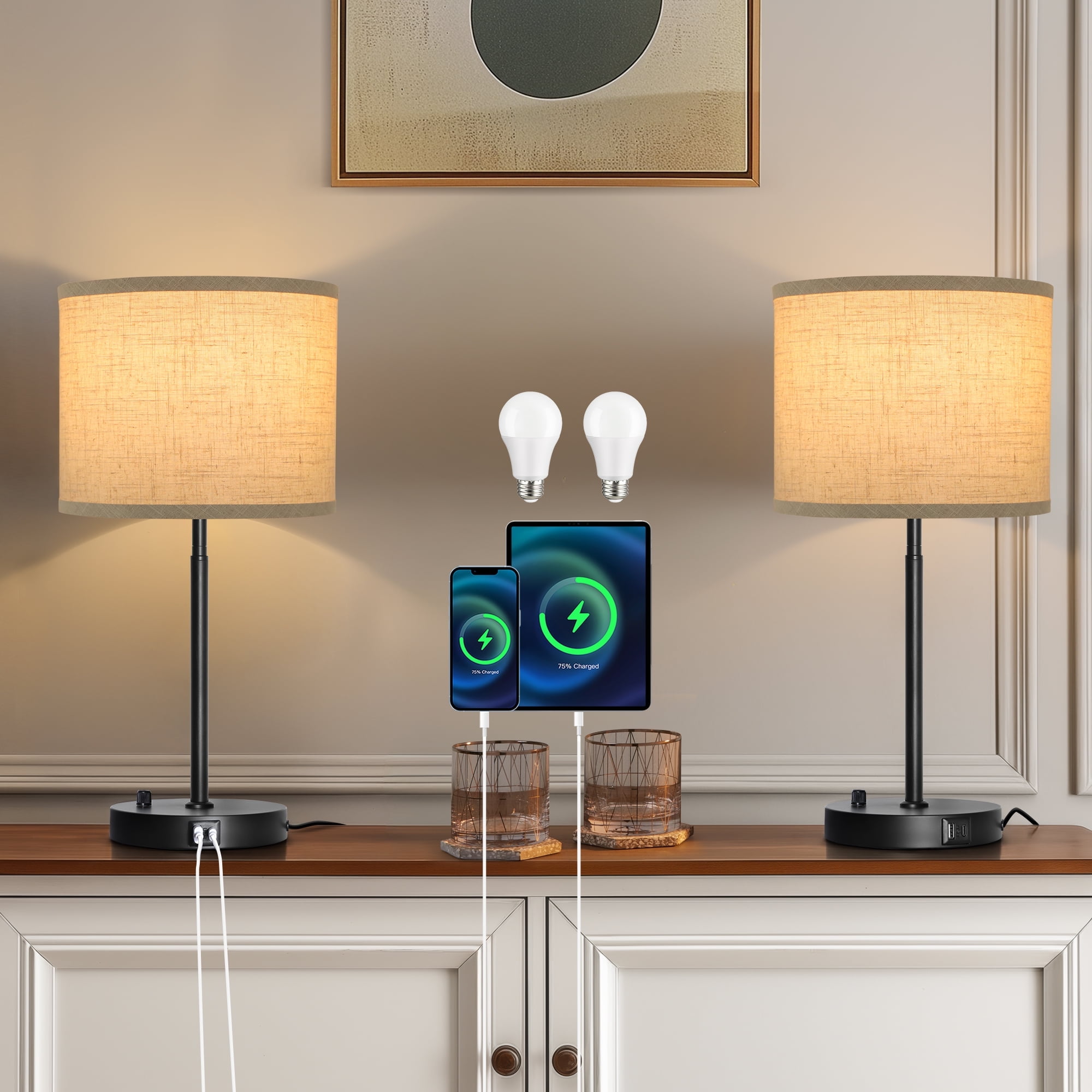OUTON Modern Table Lamp Set of 2, Dimmable Bedside Lamp with USB C+A ...