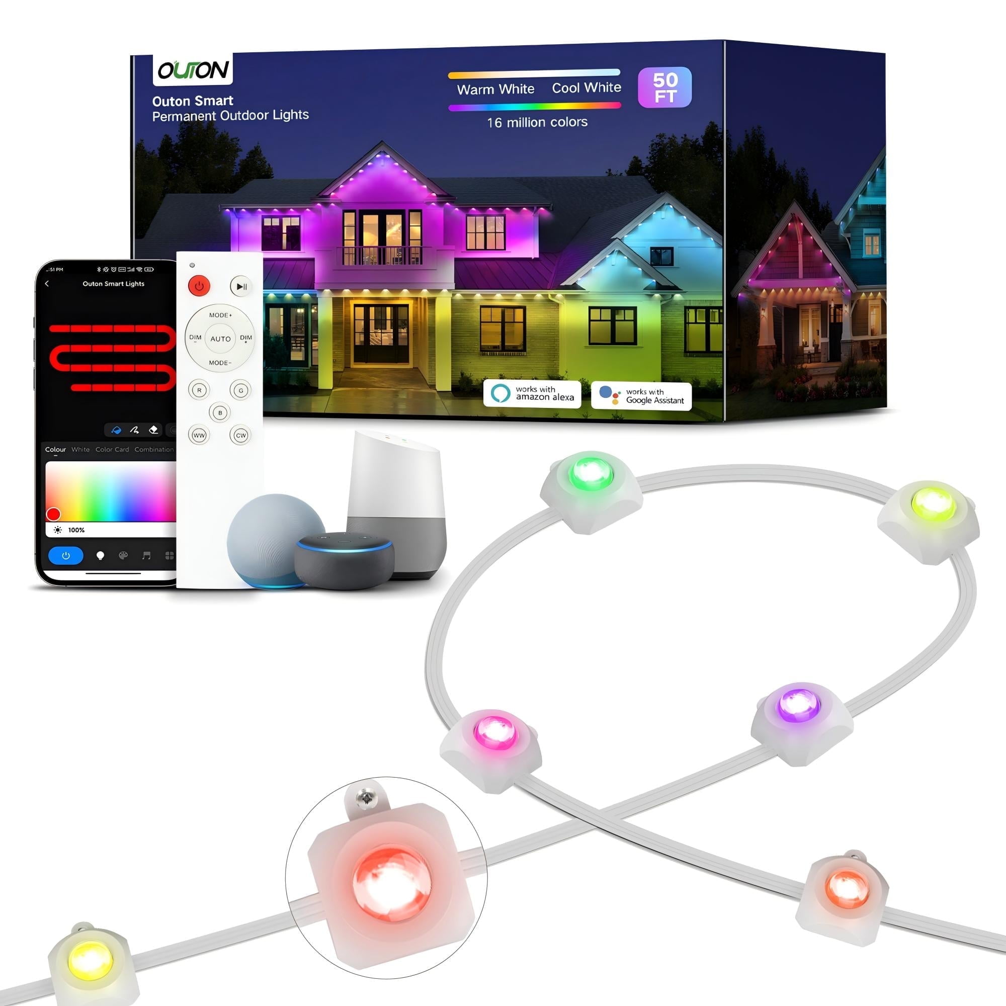 OUTON Permanent Outdoor Lights, 50ft LED Strip Lights, Smart RGBIC with ...