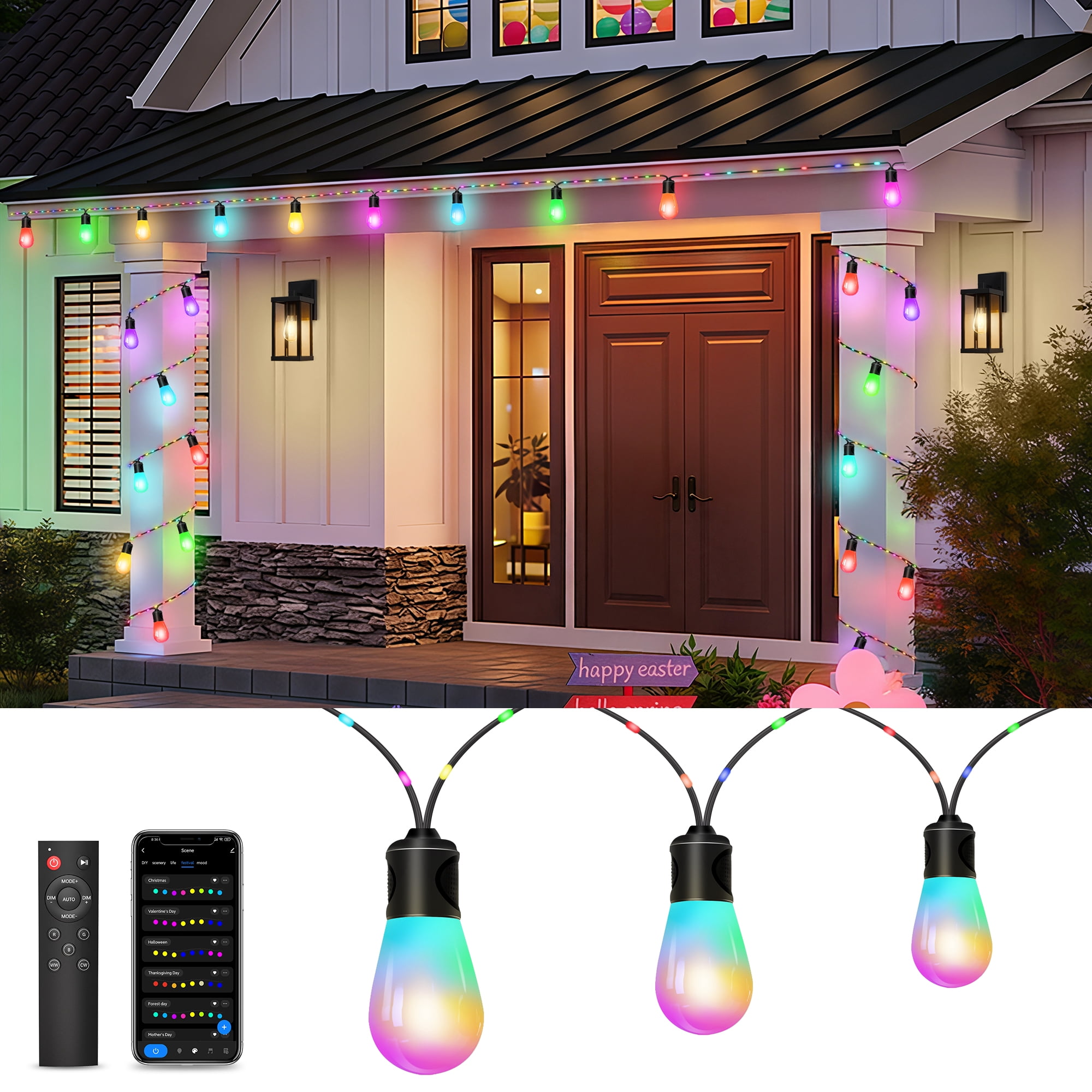 Outon Smart Outdoor Easter String Lights , 46ft RGB+IC Warm White 12 ...