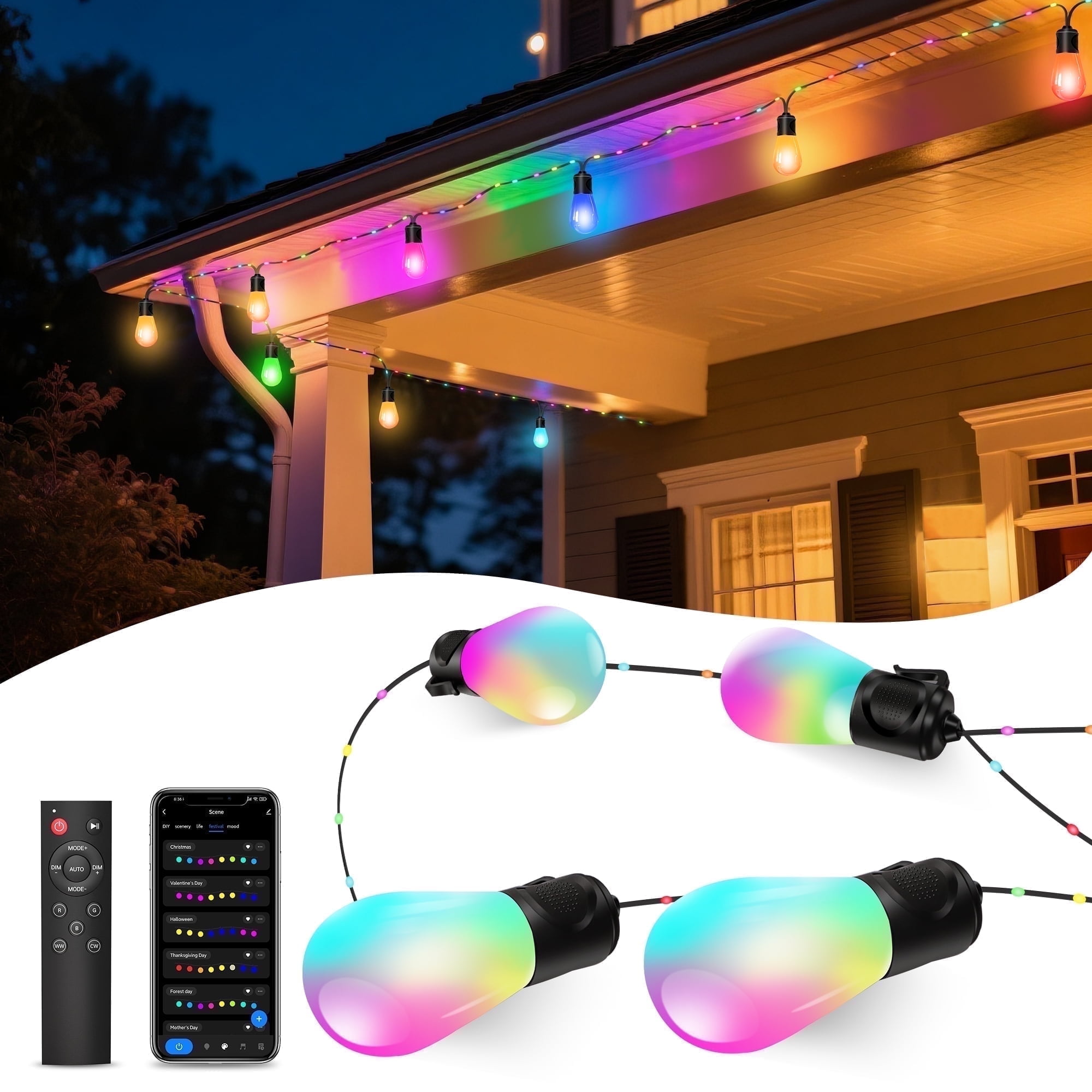 Outon Outdoor String Lights, 45FT Smart Patio Lights with 12 Dimmable ...