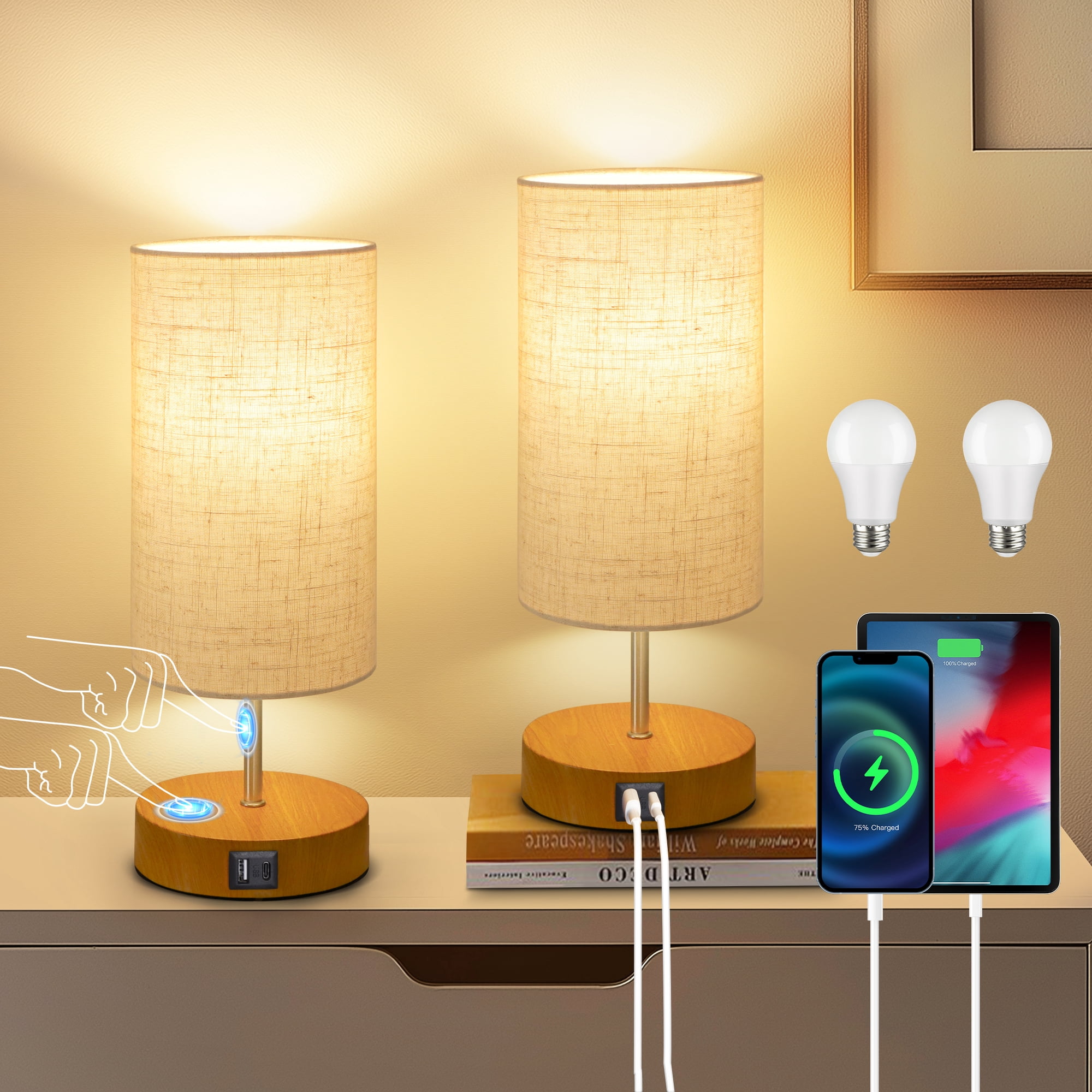OUTON 14.5" Table Lamps Set of 2 with USB Port and Night Light ...