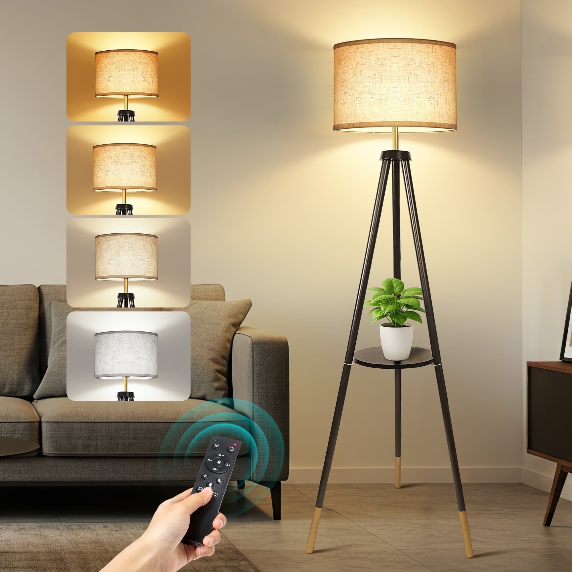 OUTON Wood Tripod Floor Lamp with Shelves, Dimmable Standing Lamps with ...