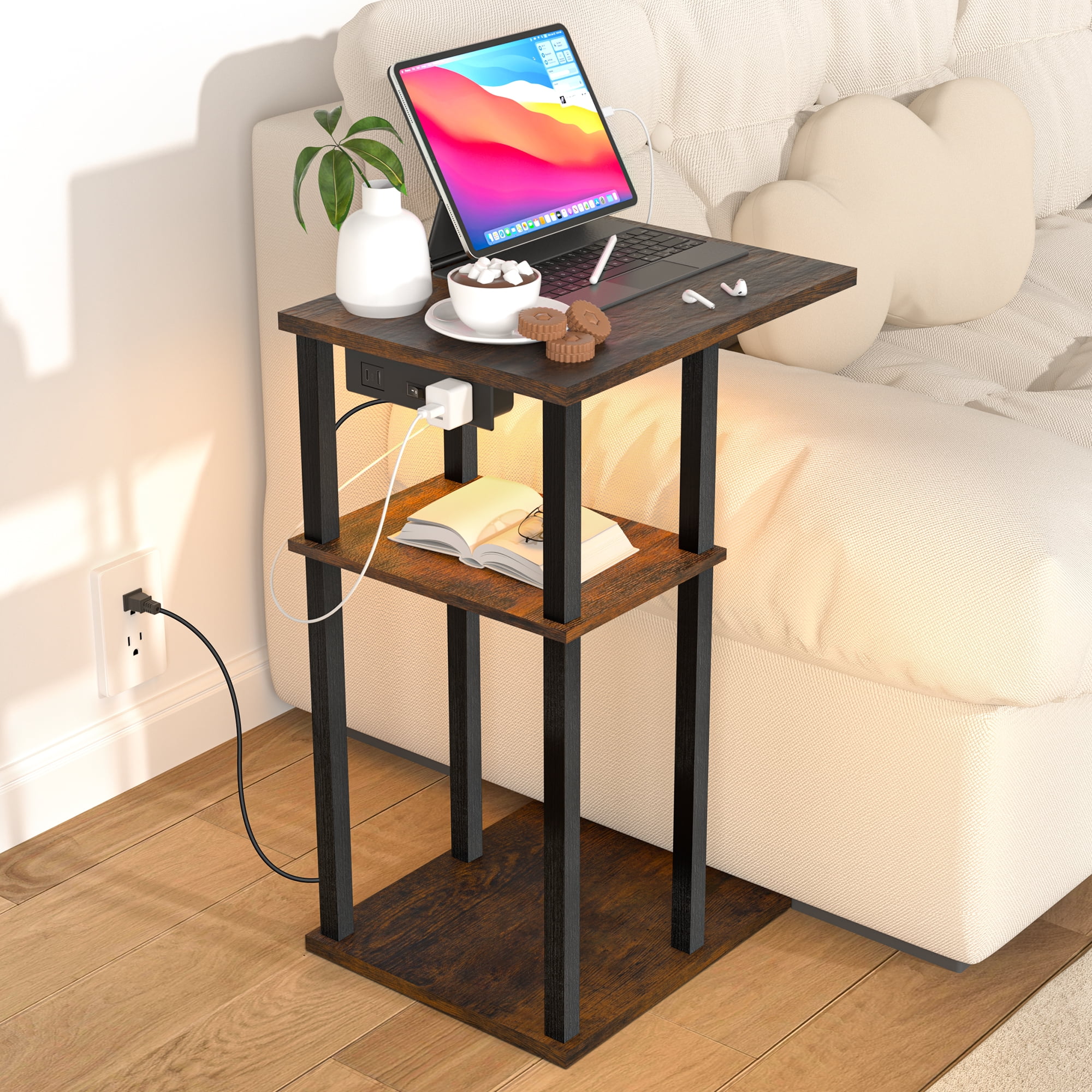 OUTONLIFE C Shaped End Table with Charging Station, Small Side Tables ...