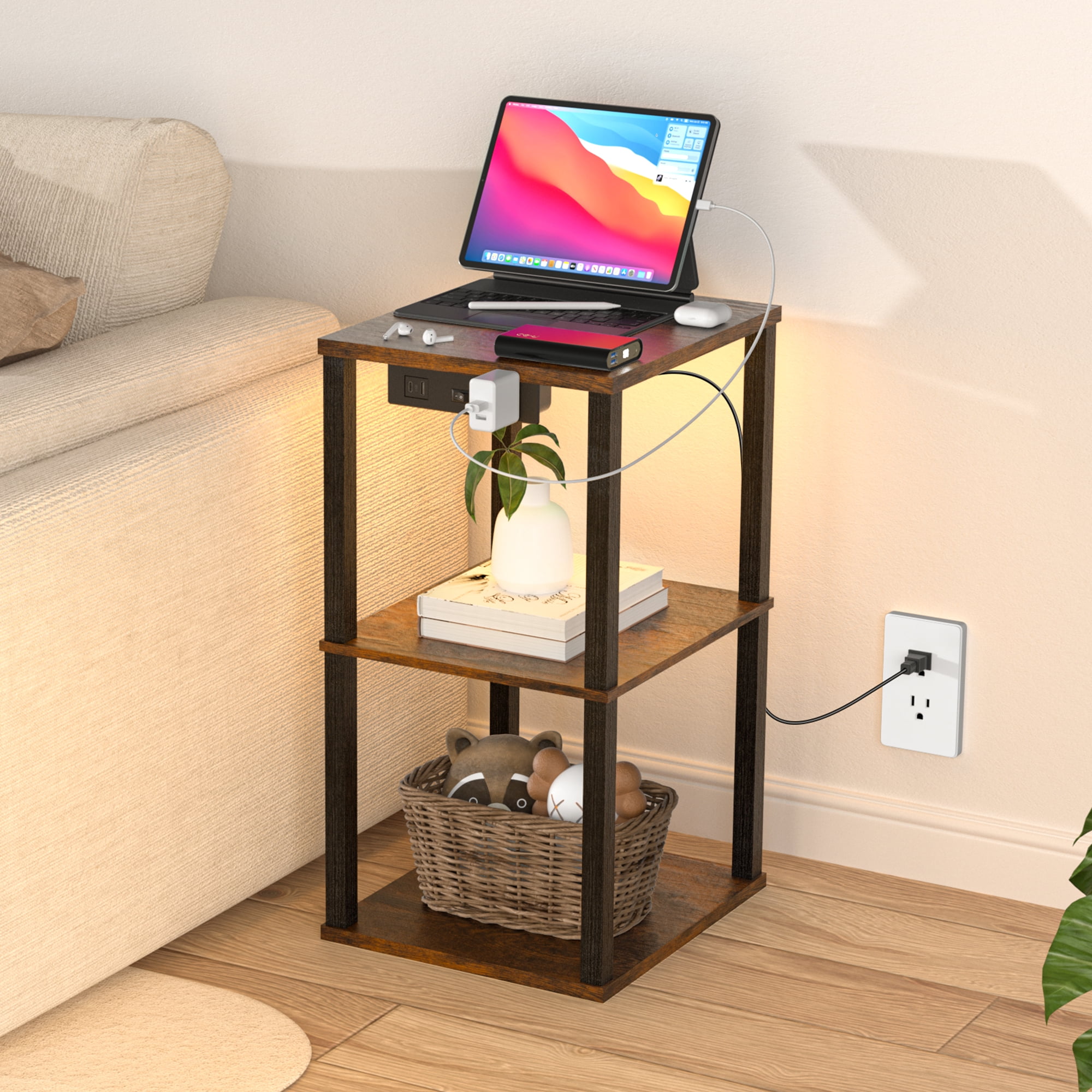 OUTONLIFE End Table with Charging Station, Small Bedside Table with 3 ...