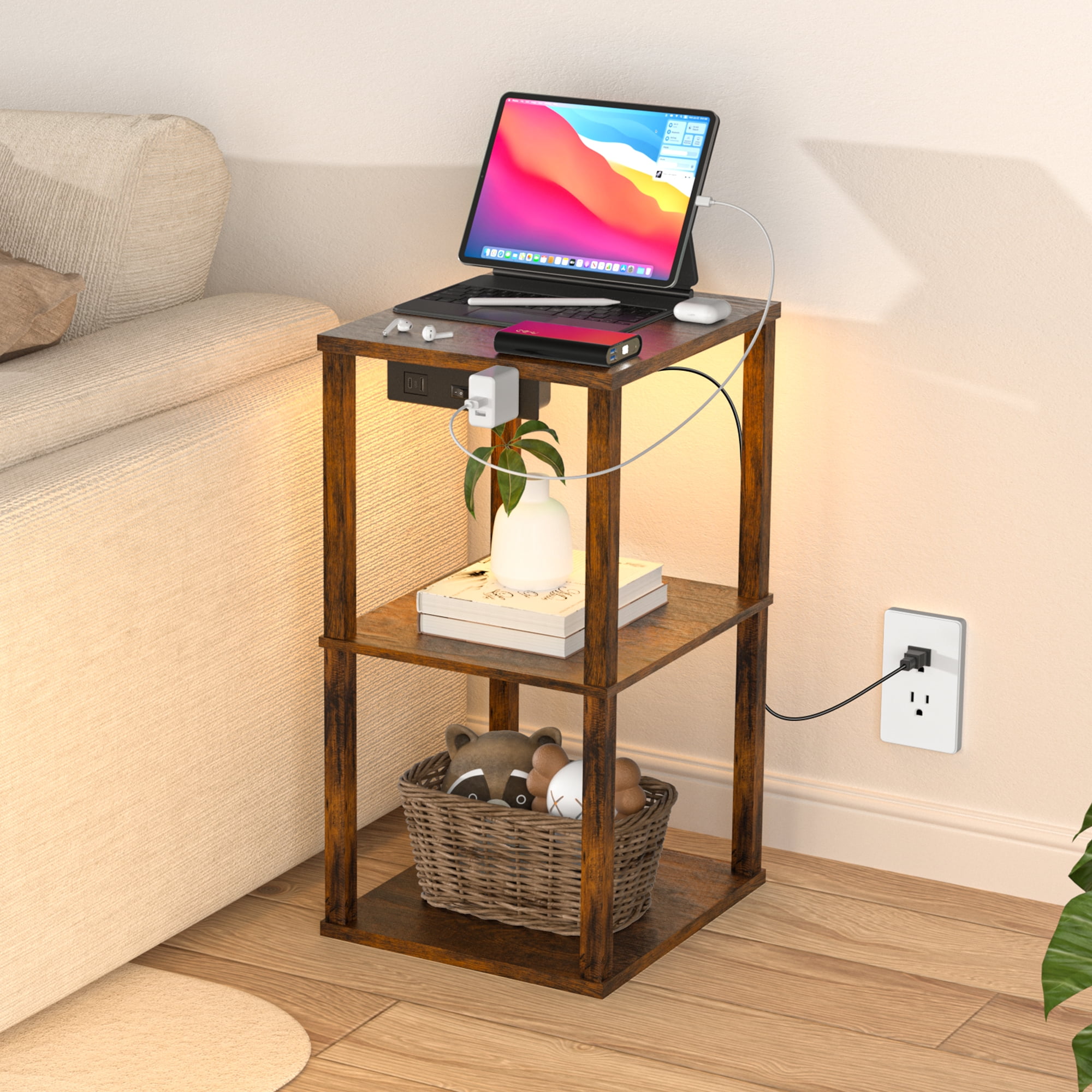 OUTONLIFE End Table with Charging Station, Small Bedside Table with 3 ...