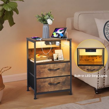 Bedside Table Nightstand,Bedside End Table, w/Charging Station& Storage ...