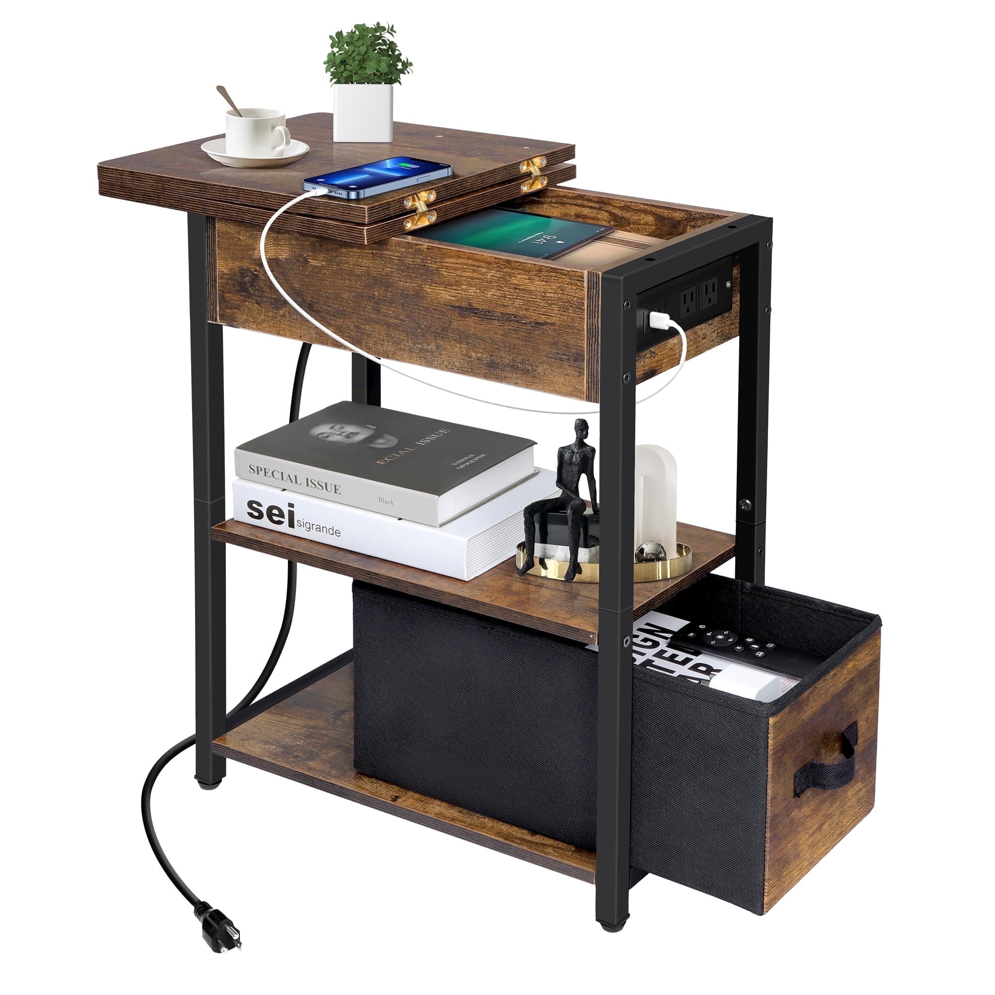 OUTONLIFE End Table with Storage Shelf & Fabric Drawer, 2 Tiers ...