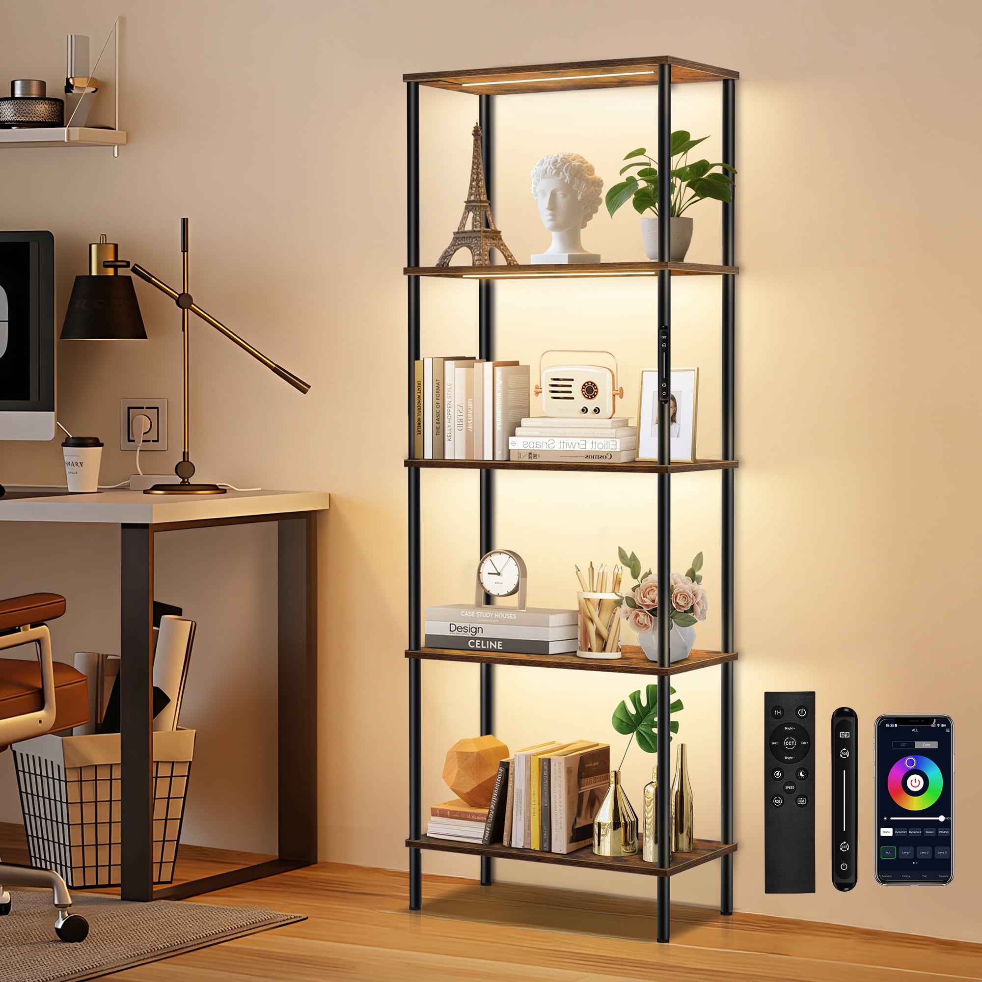 OUTONLIFE Large 5 Tier Display Shelf with Dimmable LED Floor Lamp ...