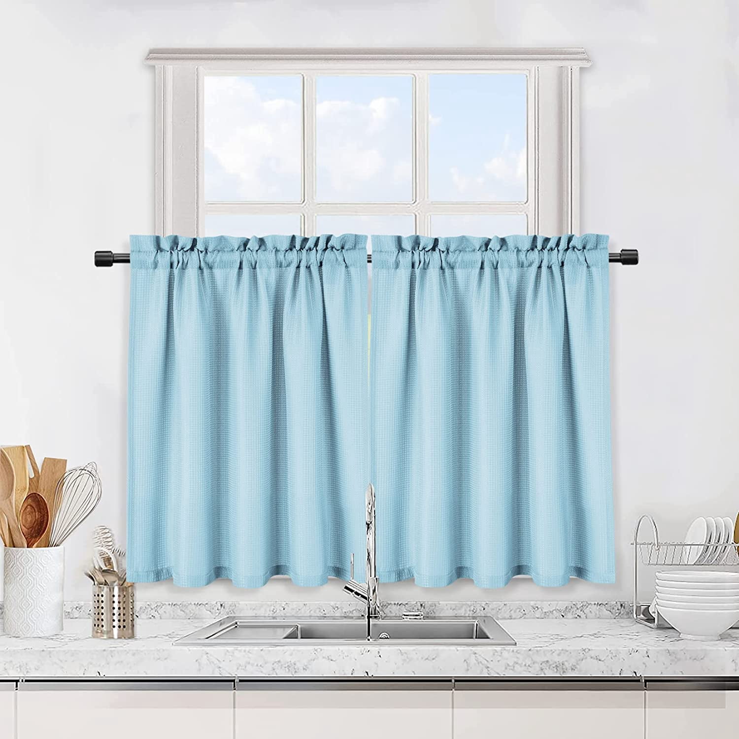 OUTOP Waffle Kitchen Tier Curtains Short Length Water Repellent Rod ...
