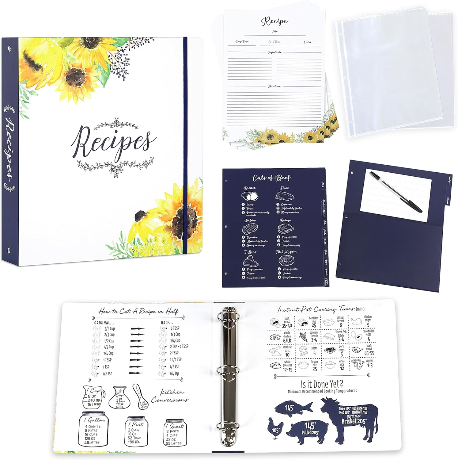 OUTSHINE Sunflower Recipe Book Binder Set | Recipe Binder 8.5x11 3 Ring ...
