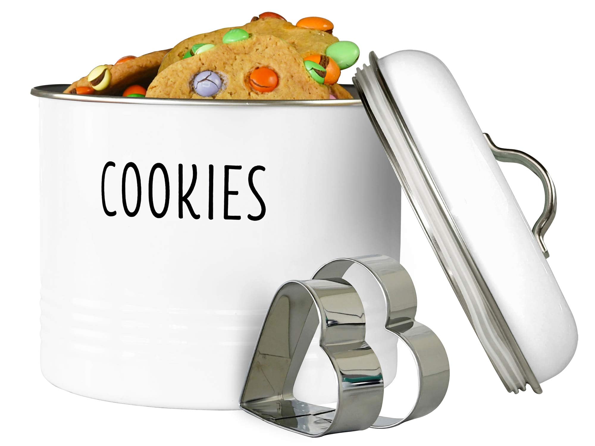 Outshine Extra Large Vintage White Metal Cookie Jar & Cookie Cutters ...