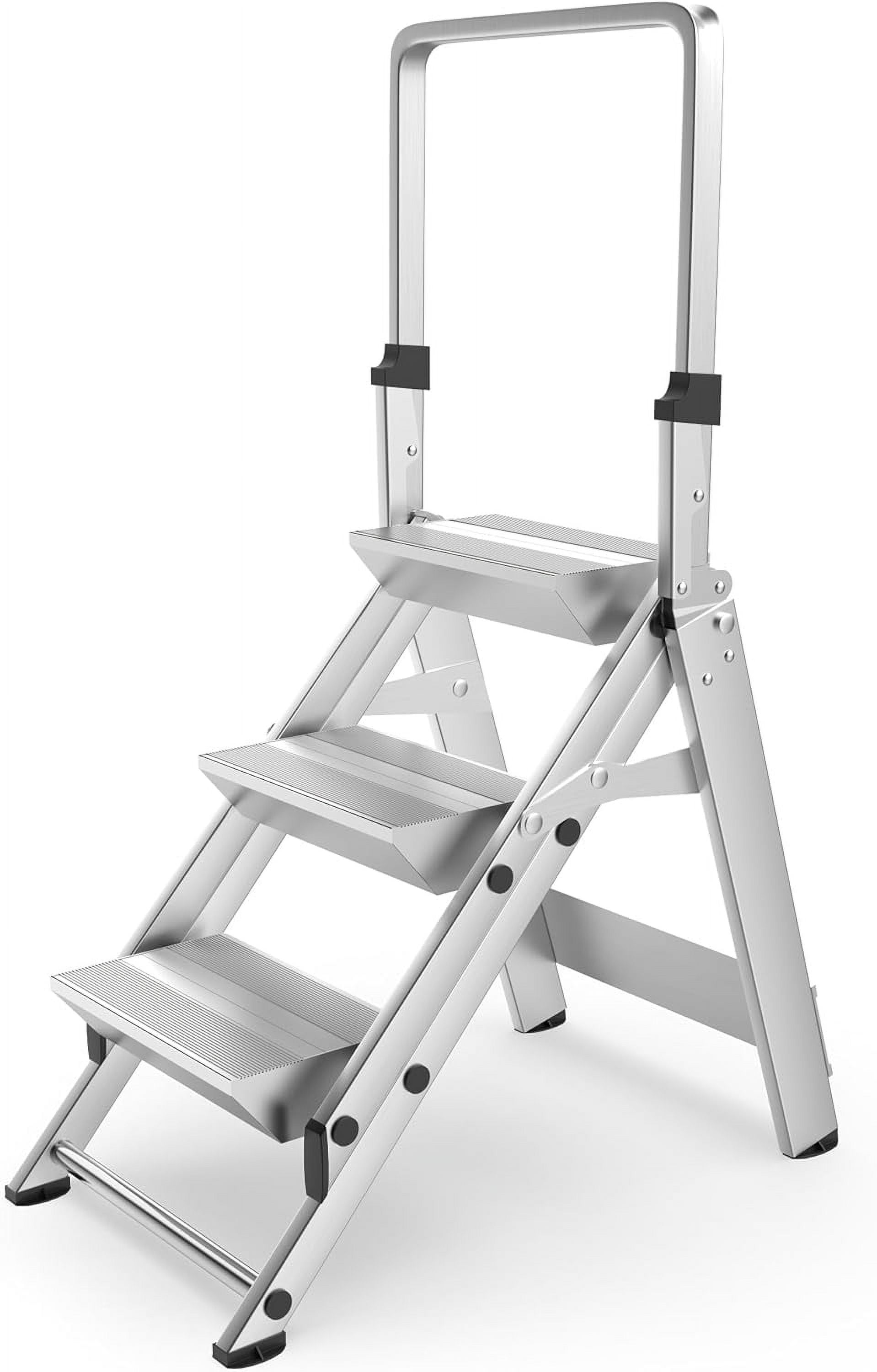 OUWI 3-Step Ladder, Aluminum Step Stool w/Safety Foldable Handle ...