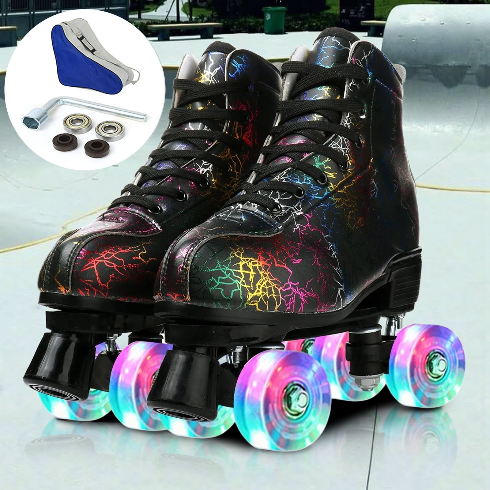 OUYI Adult Double-Row Quad Skates Featuring 4 Light-up Wheels, Black ...