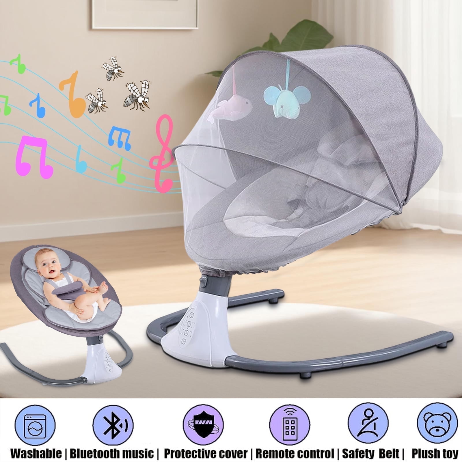 OUYI Baby Swing for 0-24Months - USB/Bluetooth, 4-Speed, 5-Point ...