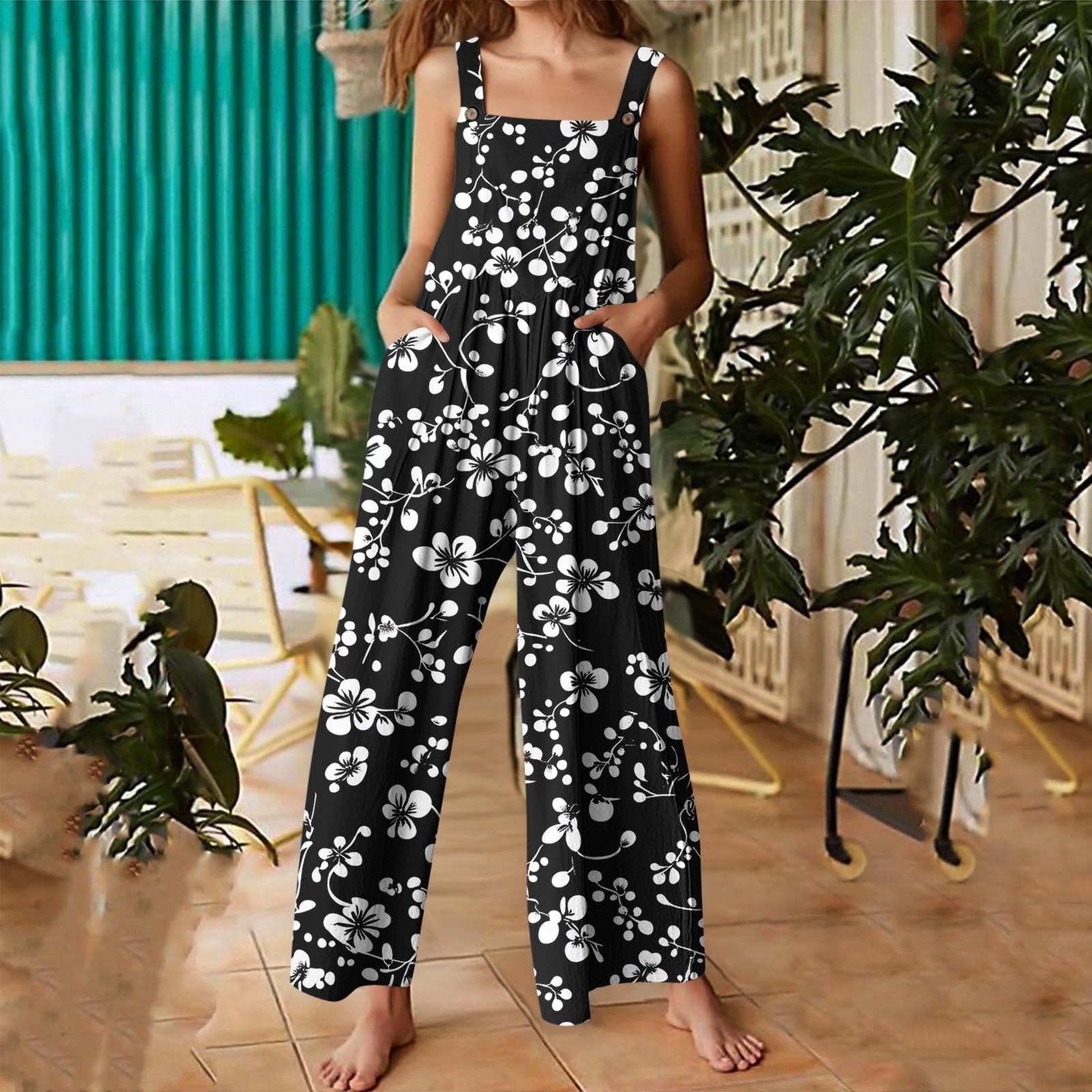 OVBMPZD Black Women Romper Baggy Floral Wide Leg Cute Pockets Strap ...