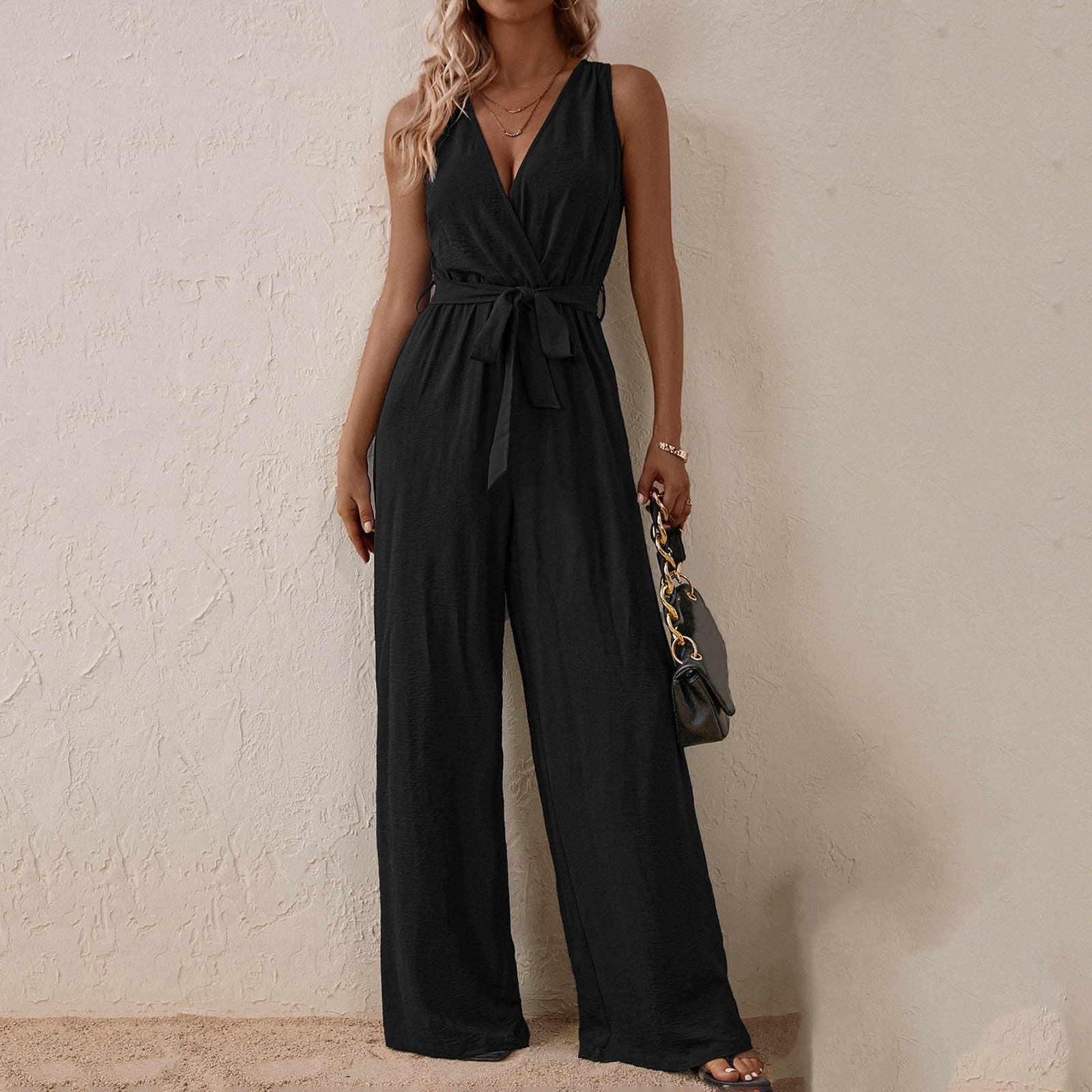 OVBMPZD Formal Jumpsuit for Women Black Smocked Dressy High Waist ...