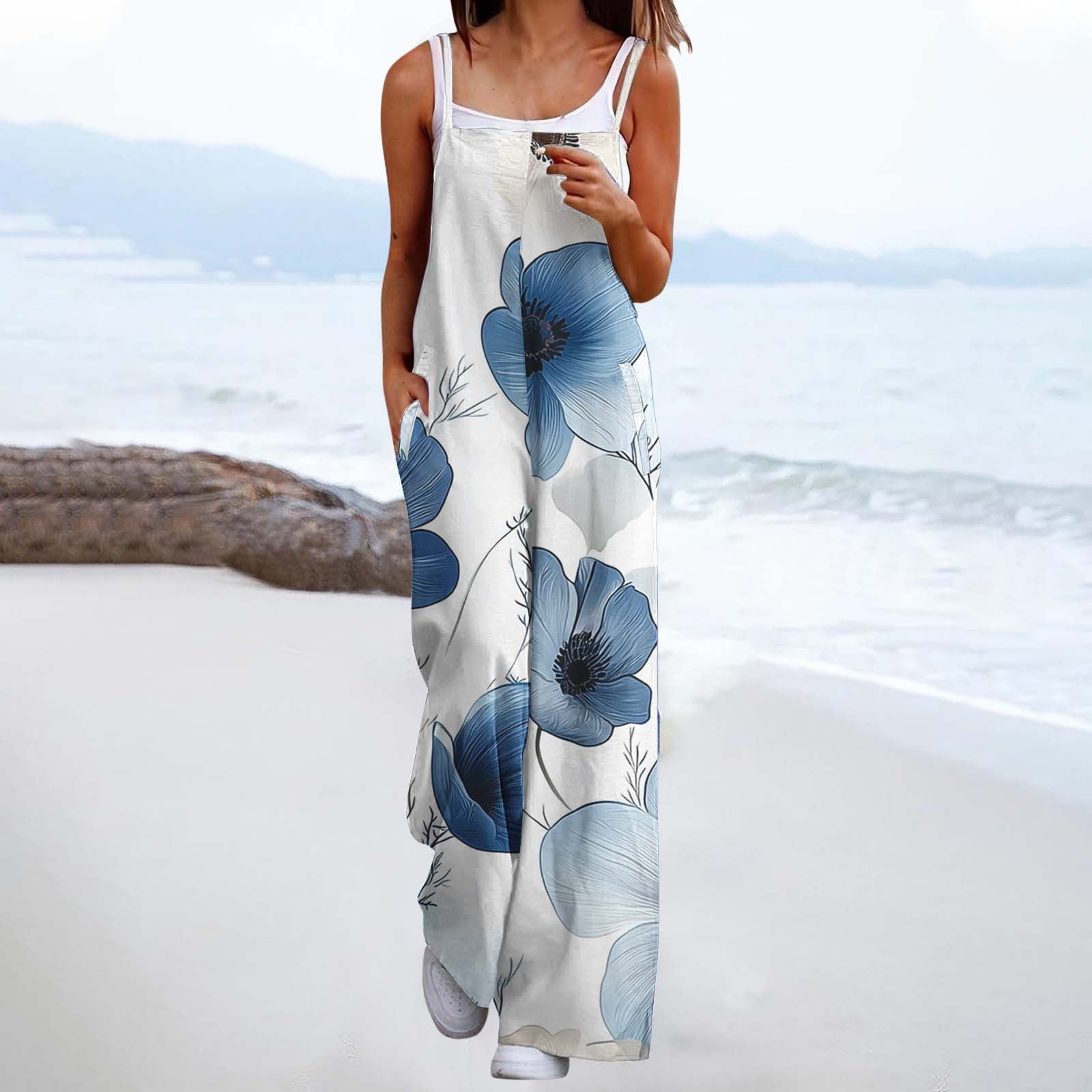 OVBMPZD Jumpsuits for Women Floral Wide Leg Adjustable Strap Baggy ...