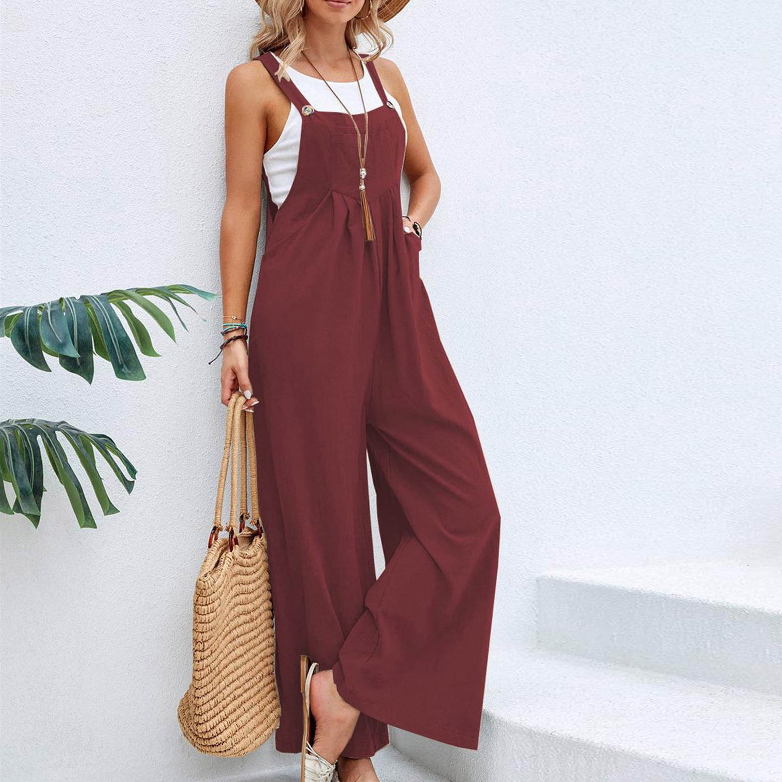 OVBMPZD Red Women Rompers Strap Cotton Linen Flowy Wide Leg Beach ...