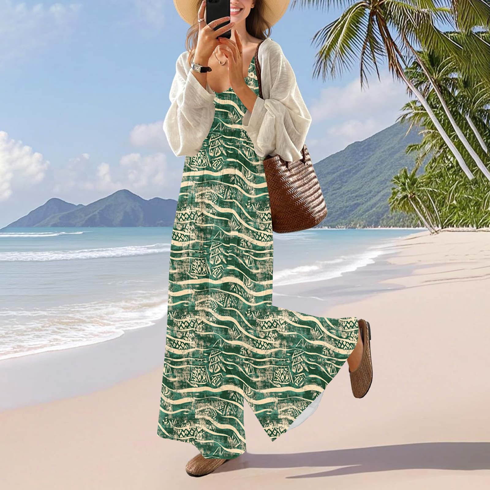OVBMPZD Wide Leg Womens Jumpsuits Strap Boho Vacation Flowy Baggy Beach ...