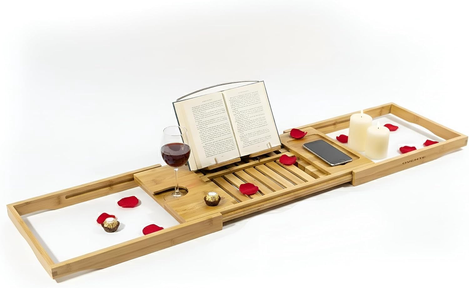 OVENTE Bathtub Tray Caddy, Expandable Bamboo Bath Tray Table, Wooden ...
