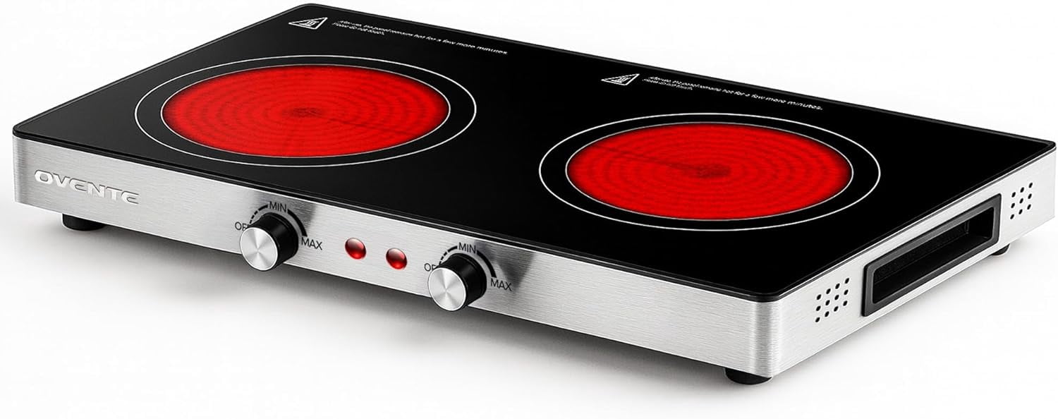 OVENTE Infrared Ceramic Double Burner, 1800W Electric Countertop Hot ...