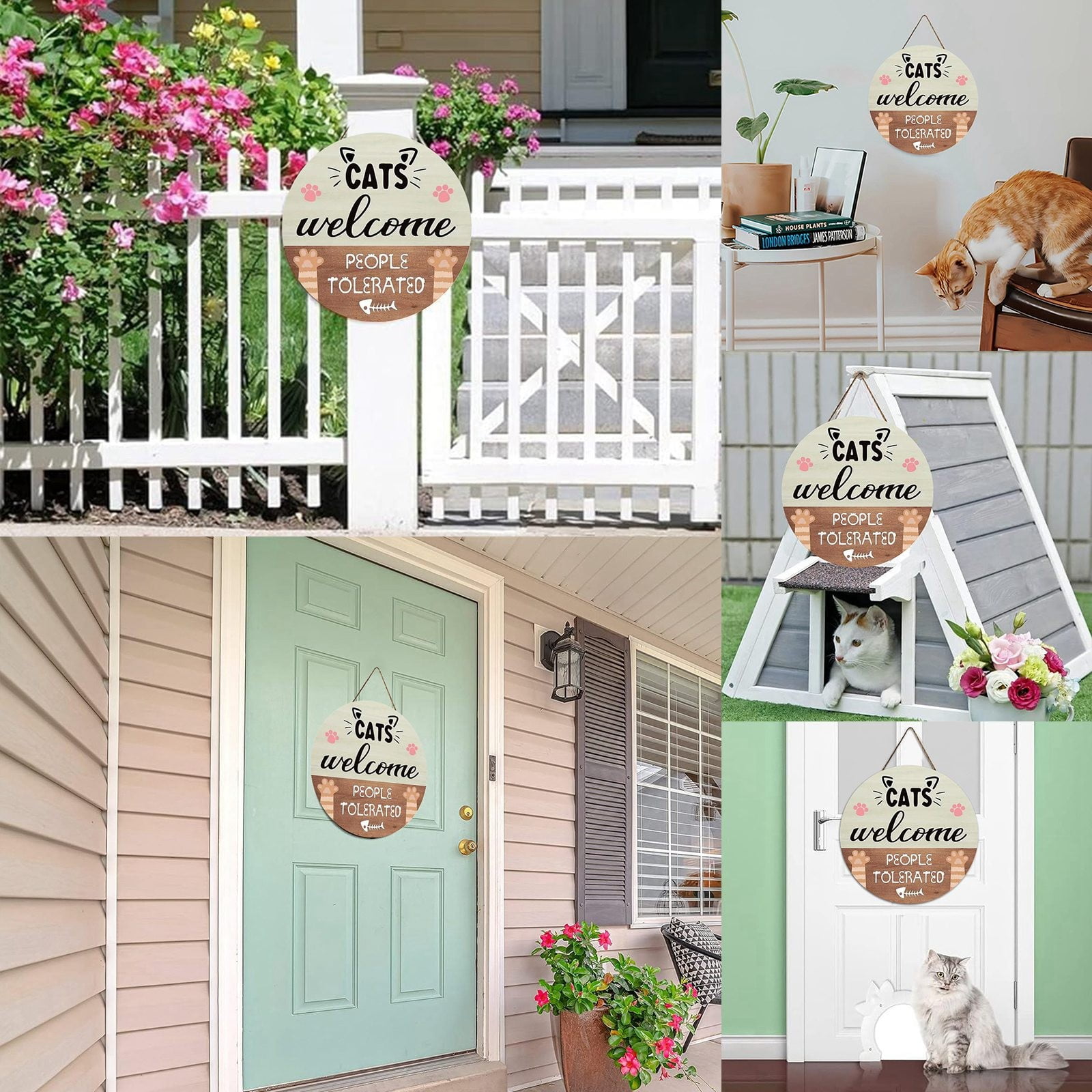 OVINYER Cute Cat Door Sign Welcome Sign Wooden Farmhouse Home Sign Door ...