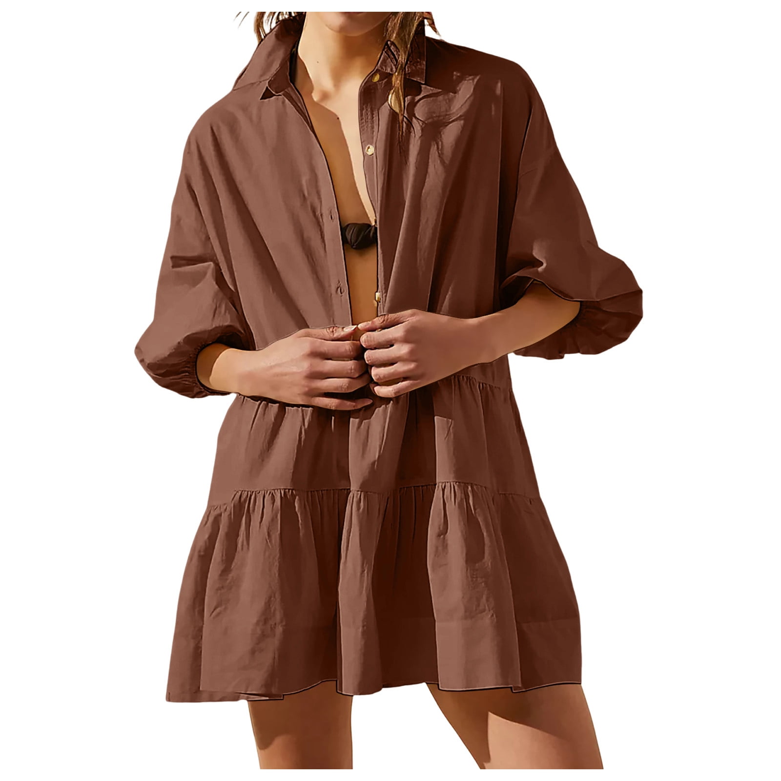 OVINYER Dress Casual Summer Short Puff Sleeve Button Down V-Neck Shirt ...