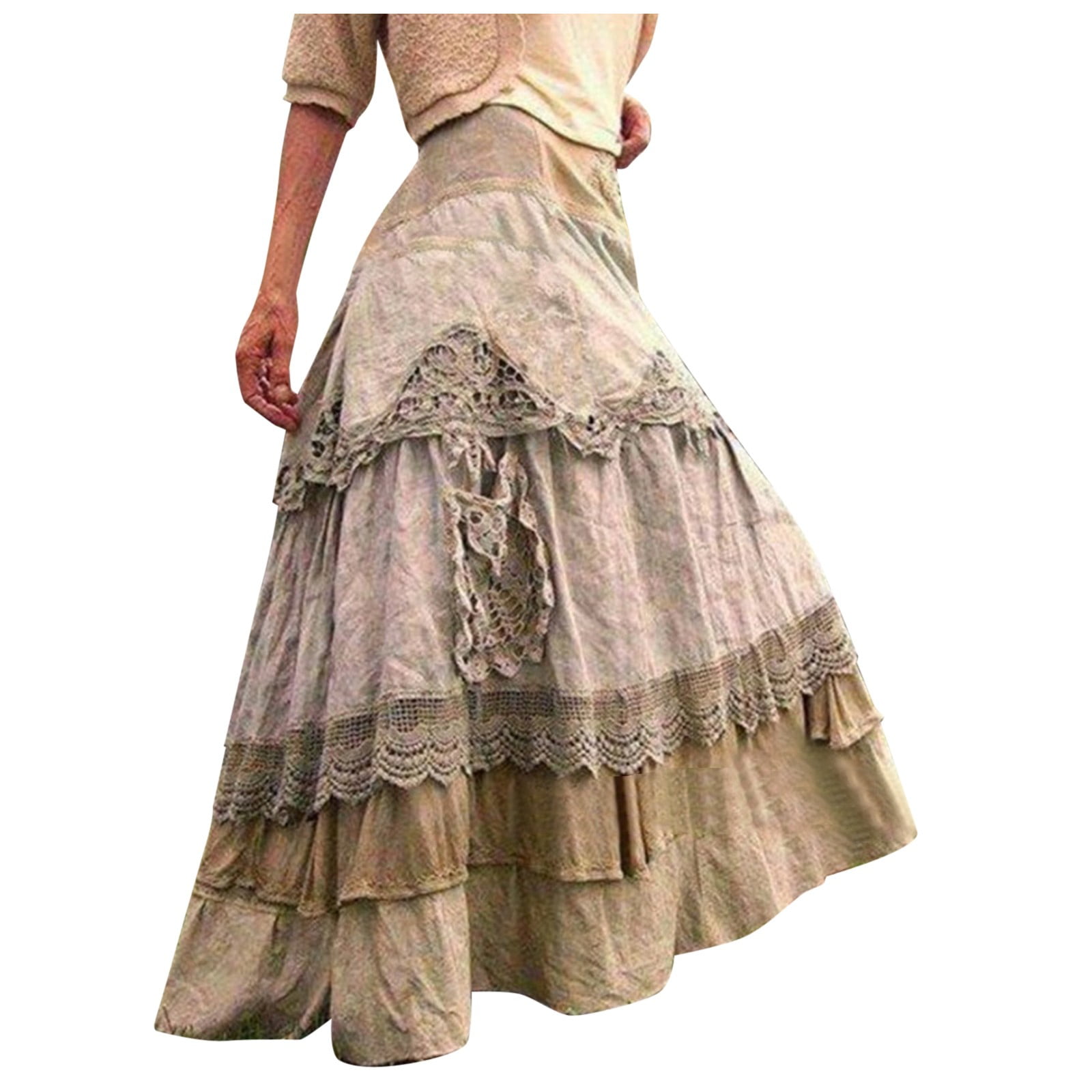 OVINYER Dress Women Summer Boho Tiered Long Lace Skirt Maxi Net Flared ...