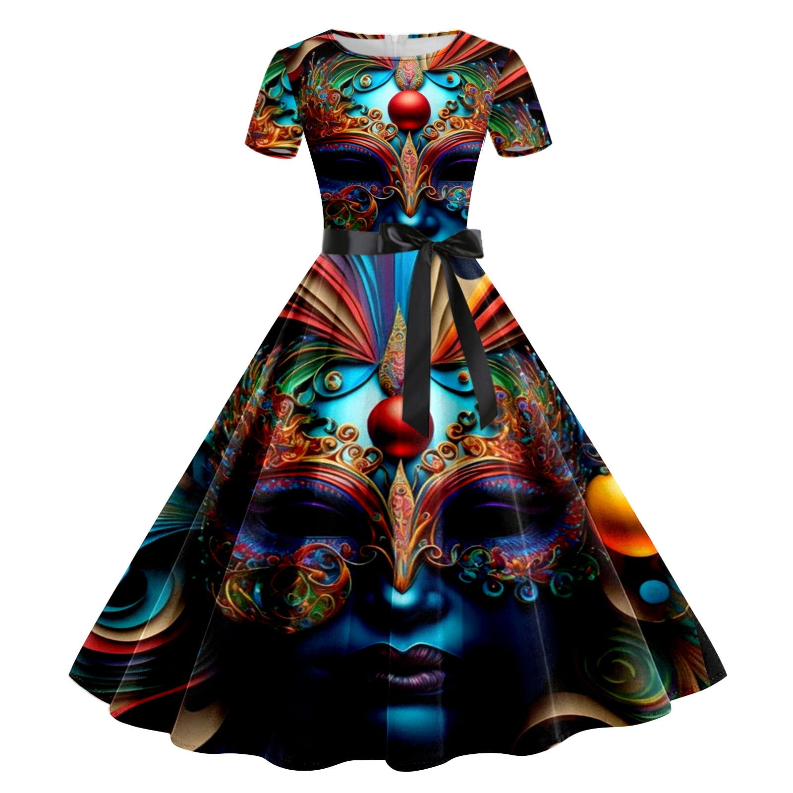 OVINYER Dress Women Casual Short Sleeve Carnival Print Cute Fashion ...