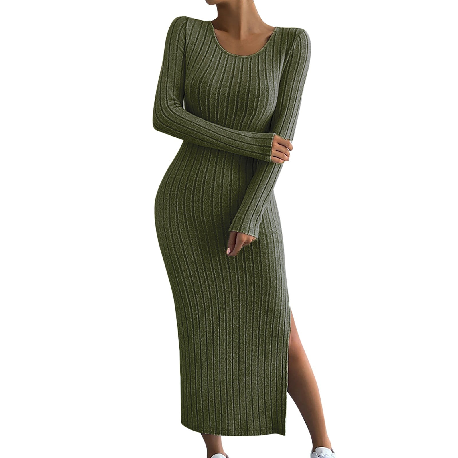 OVINYER Dress Women Knitted Long Slit Bodycon Long With Scoop Neck Low ...