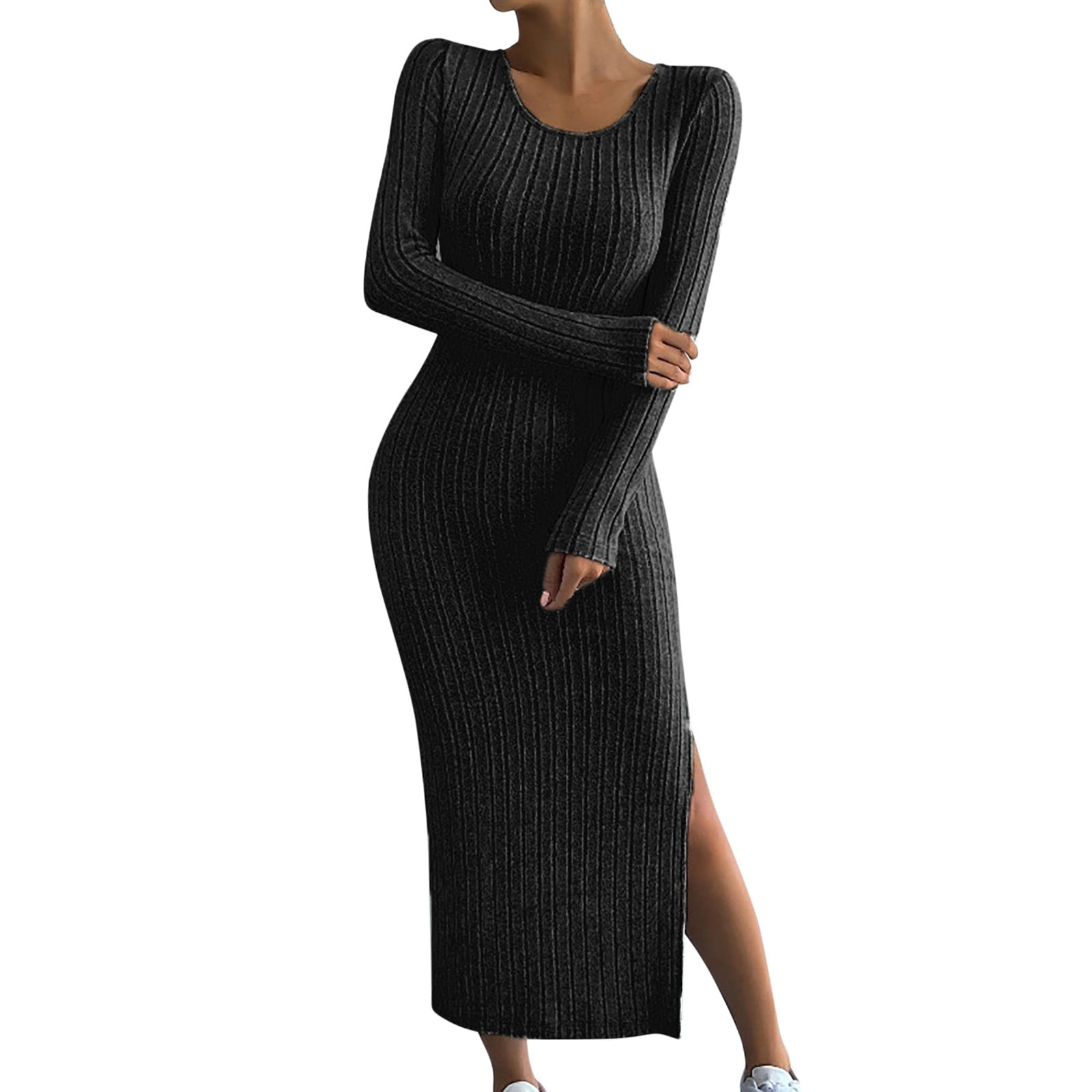 OVINYER Dress Women Knitted Long Slit Bodycon Long With Scoop Neck Low ...