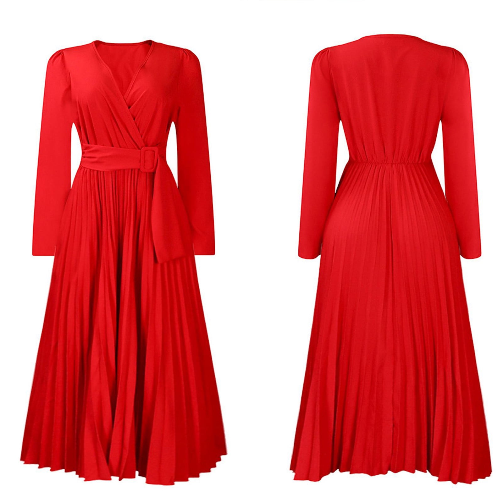 OVINYER Dress Women Long Spring Dresses V-Neck Long Sleeve Pleated Midi ...