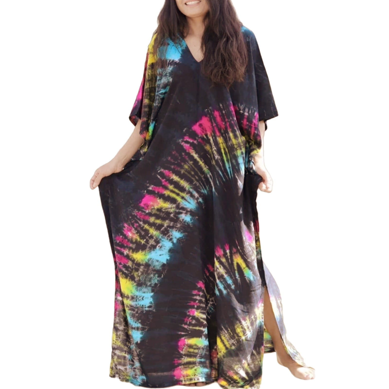 OVINYER Dress Women Plus Size Kaftans Casual V-Neck Long Soft Beach ...