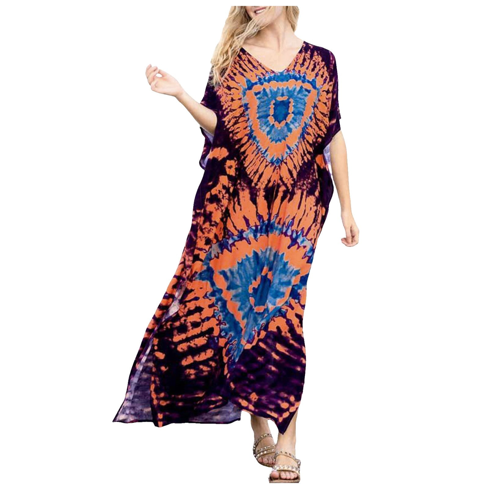 OVINYER Dress Women Plus Size Kaftans Casual V-Neck Long Soft Beach ...