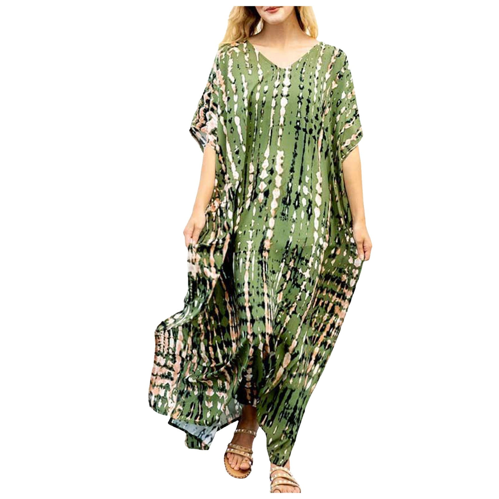 OVINYER Dress Women Plus Size Kaftans Casual V-Neck Long Soft Beach ...