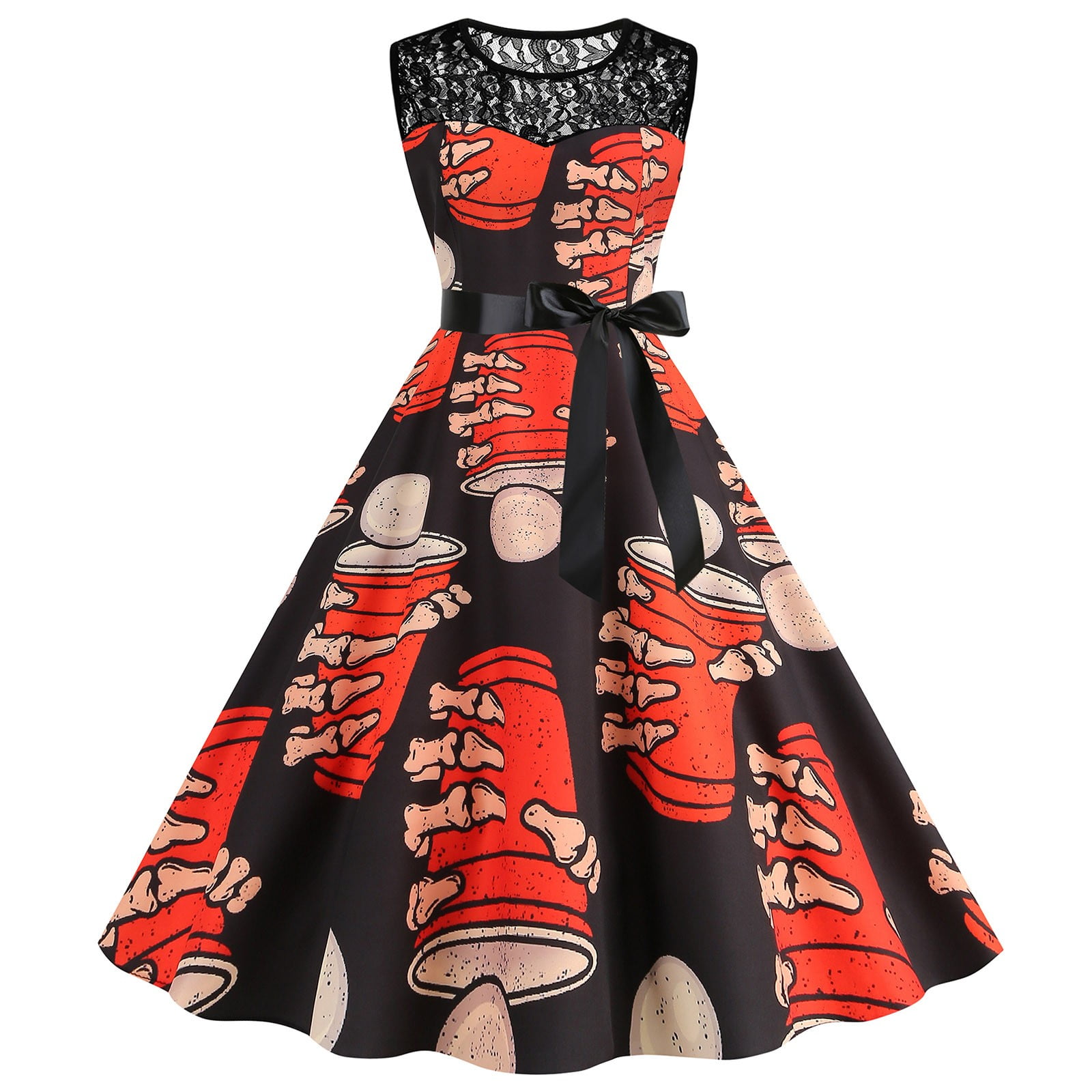 OVINYER Dress Women Sleeveless Pumpkin Printed Lace Vintage Party Swing ...