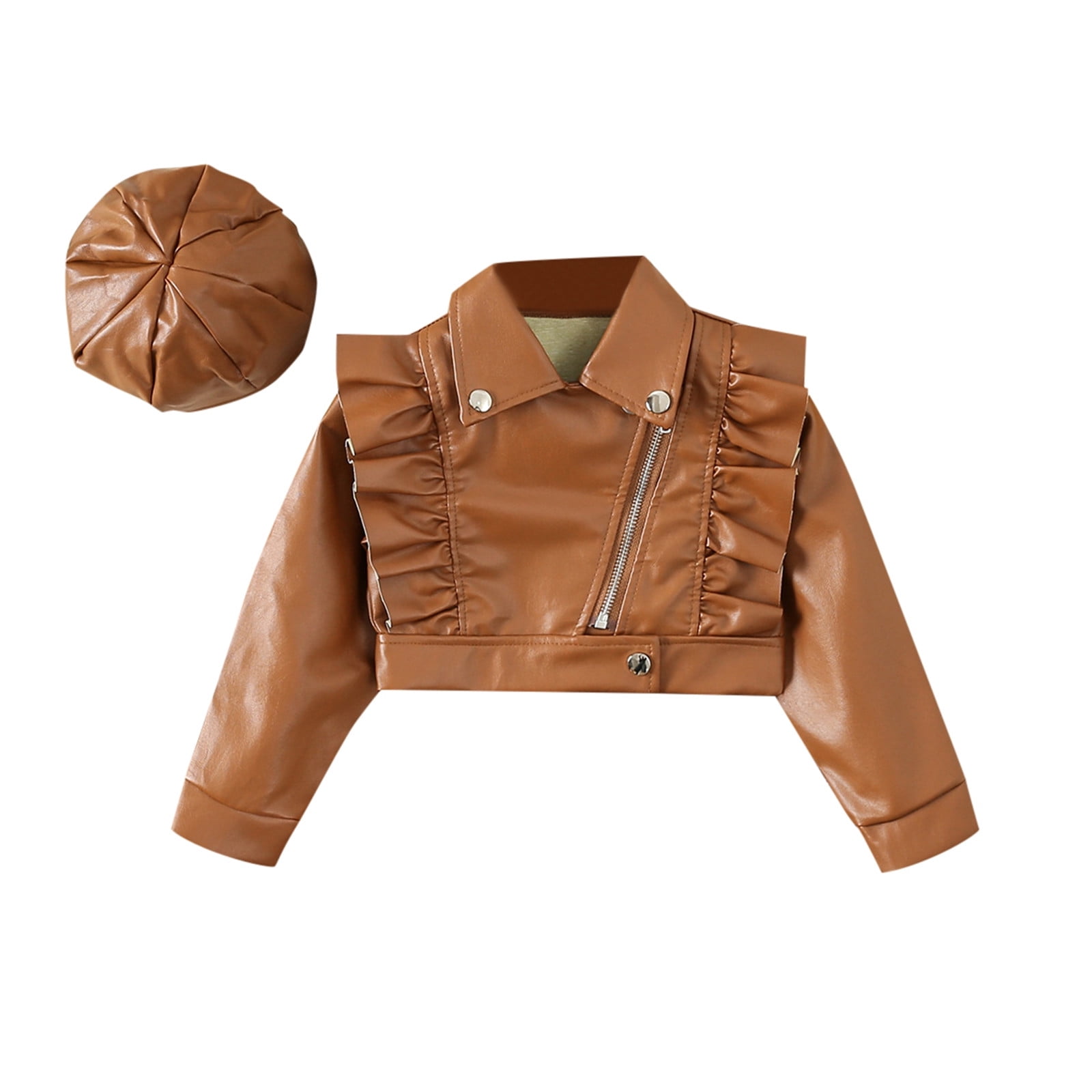 OVINYER Toddler Girls Leather Motorcycle Jacket Cute Ruffle Spring Fall ...