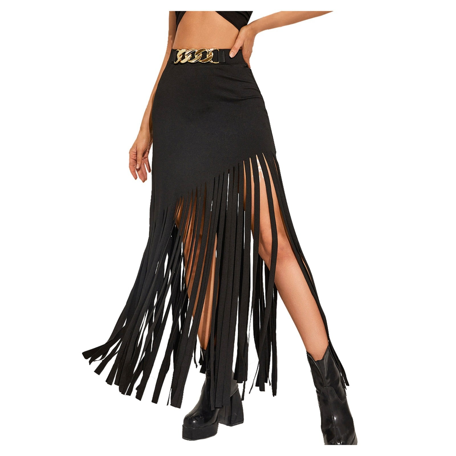OVINYER Women Gothic Solid Color Black Tassel Punk Mini Skirt Edgy ...