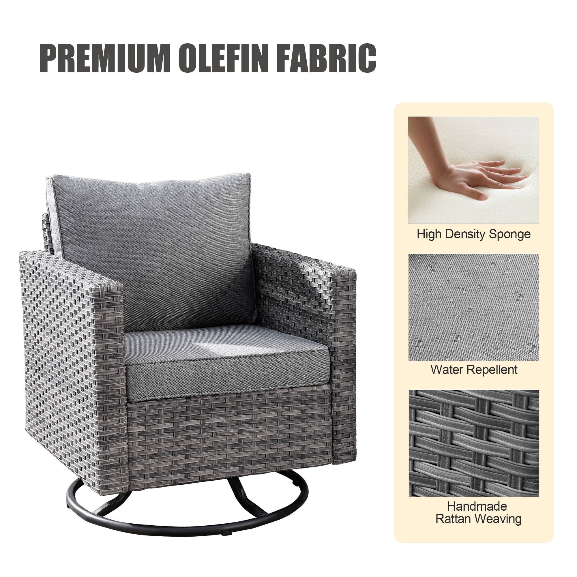 OVIOS 3-piece Patio Wicker Swivel Rocking Chairs Set Dark Grey ...