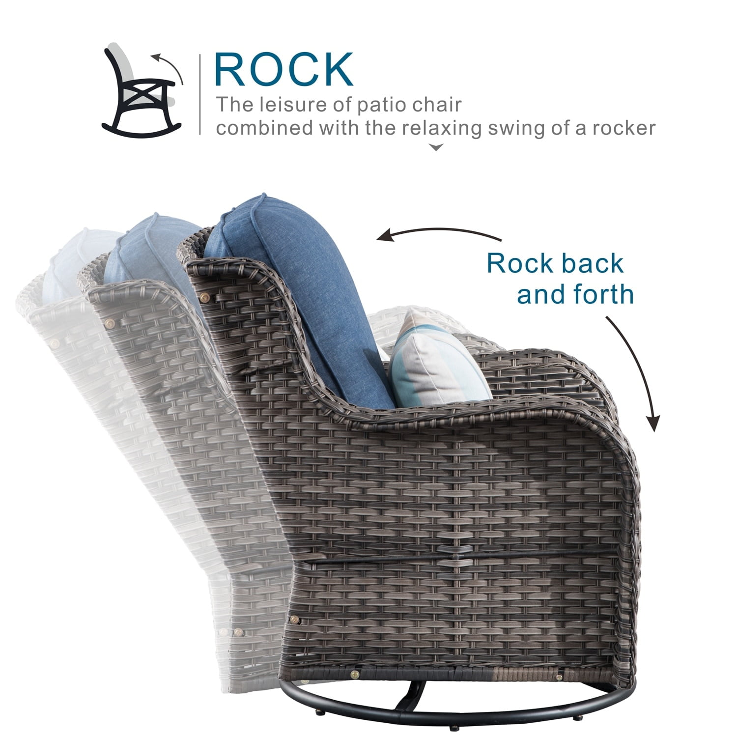 OVIOS 3-piece Patio Furniture: Rattan Wicker Rocker Set with Cushions ...