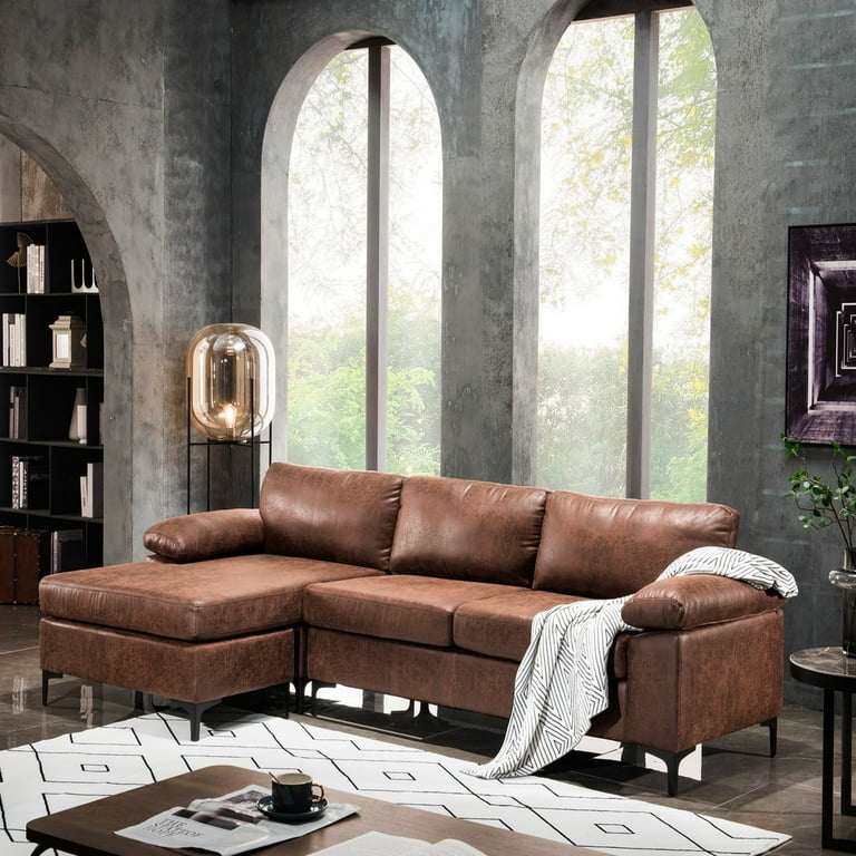 OVIOS Deep Seat Convertible Chaise Sofa Brown Suede N A Mid Century Modern