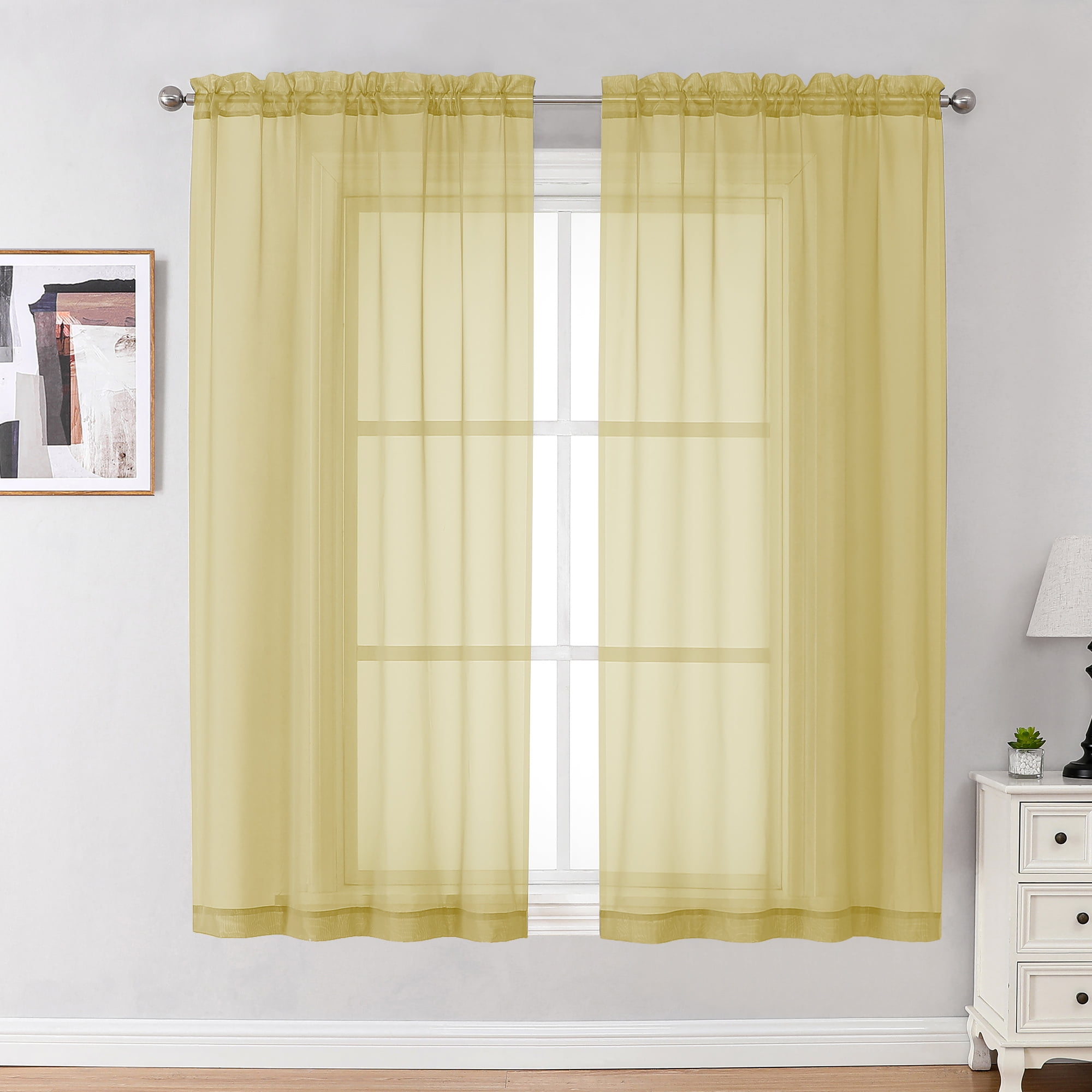 OVZME 2 Panels Sheer Yellow Curtains 63 Inches Length Window Treatments ...