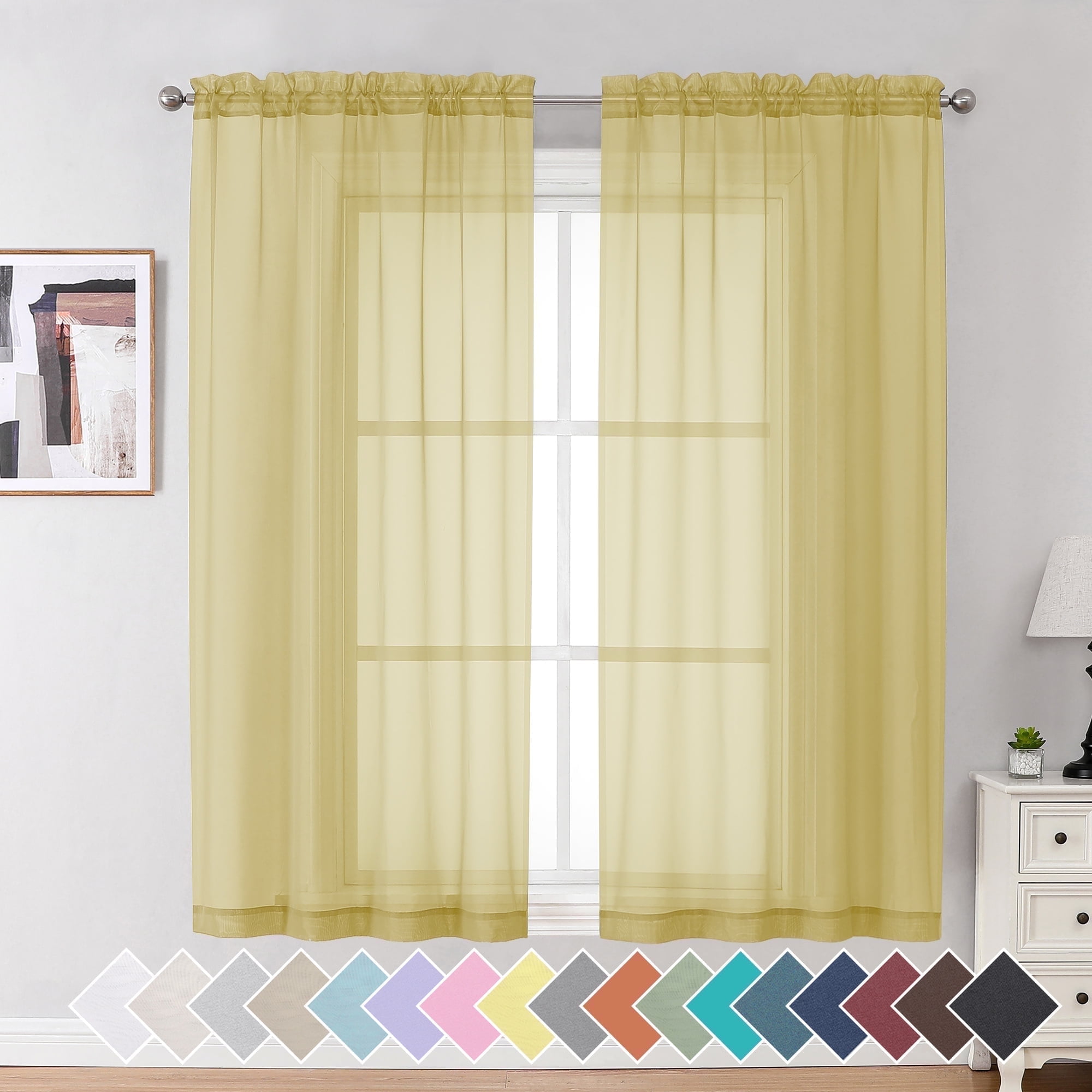 OVZME 2 Panels Sheer Yellow Curtains 63 Inches Length Window Treatments ...