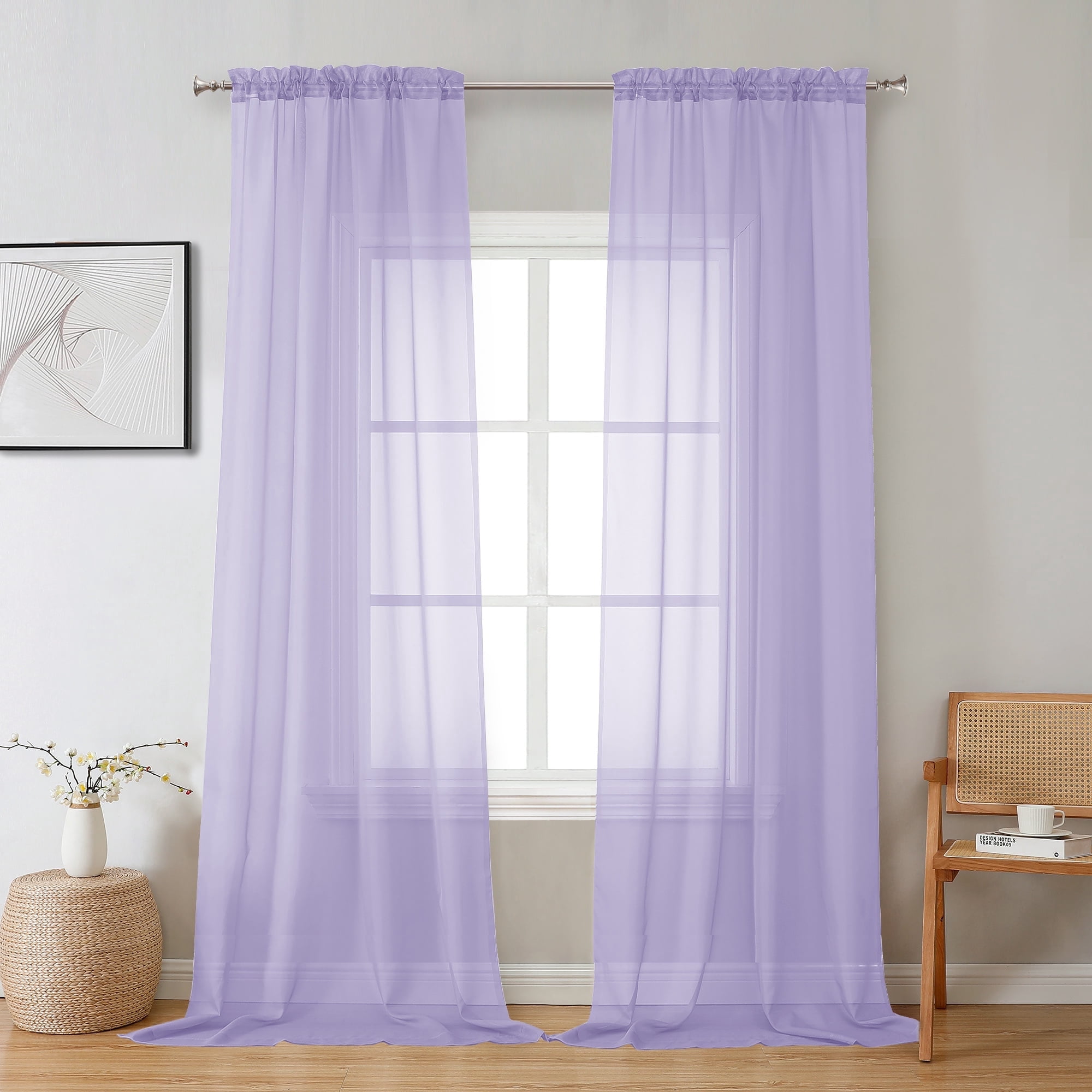 OVZME 2 Panels Solid Color Lavender Sheer Curtains 96" Length,Purple ...