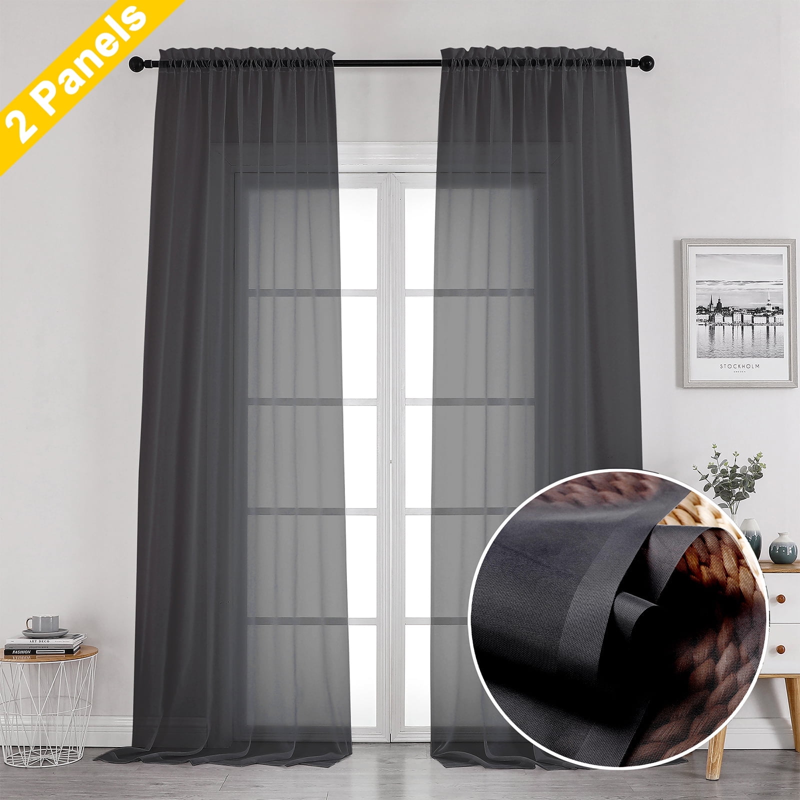 OVZME 2 Panels Solid Color Sheer Window Curtains 108 inches Long ...