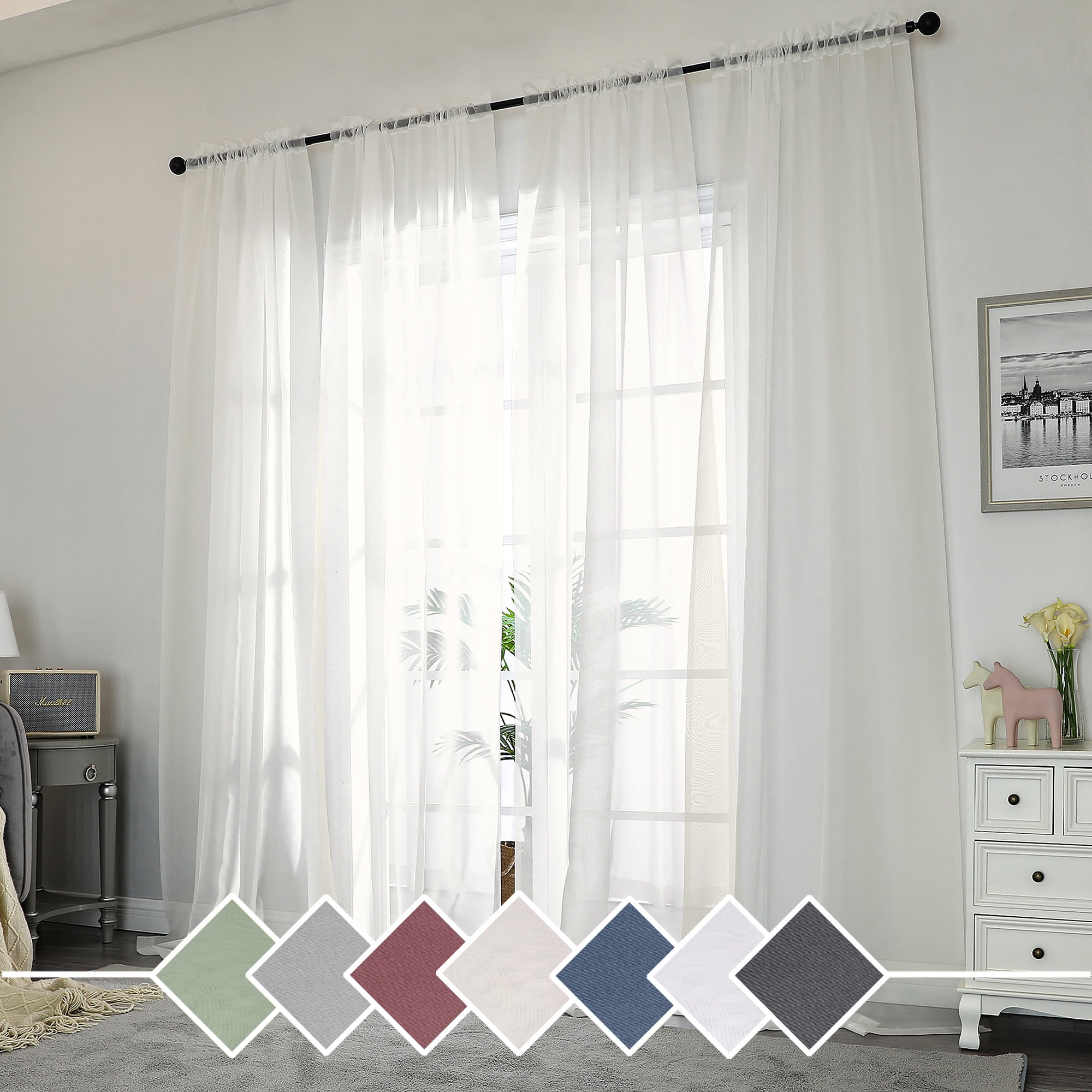 OVZME 4 Panels Solid Color Ivory Sheer Curtains, Elegant Window Voile ...