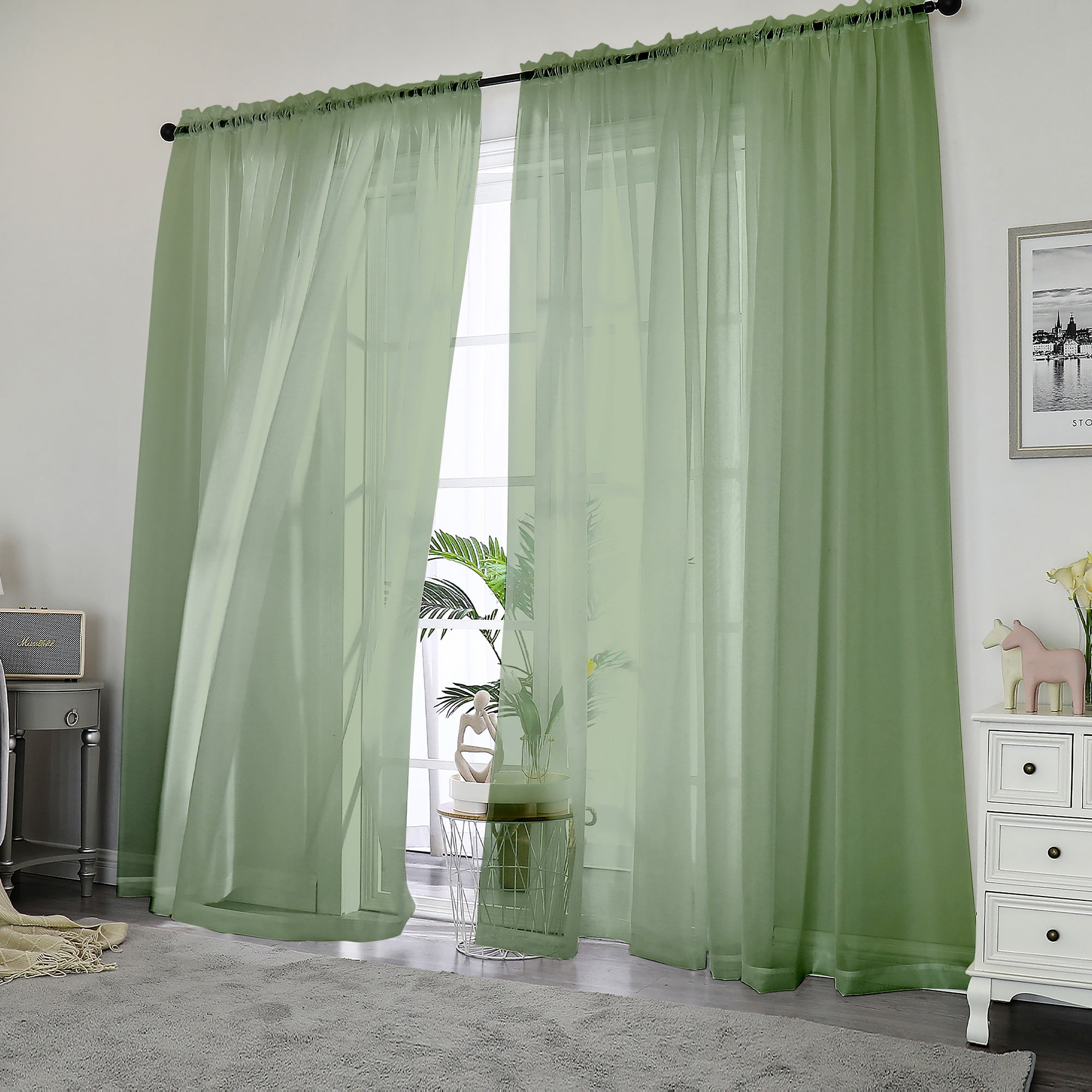 "OVZME Soft Sage Green Voile Sheer Curtains 84"" | Lightweight 4-Piece ...