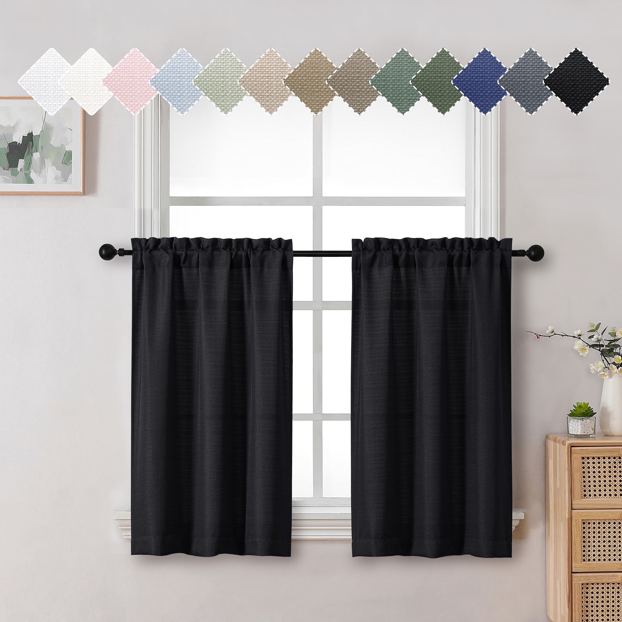 OVZME Bethany Black Curtains Tier 36 Inch Length 2 Panels, Soft Airy ...